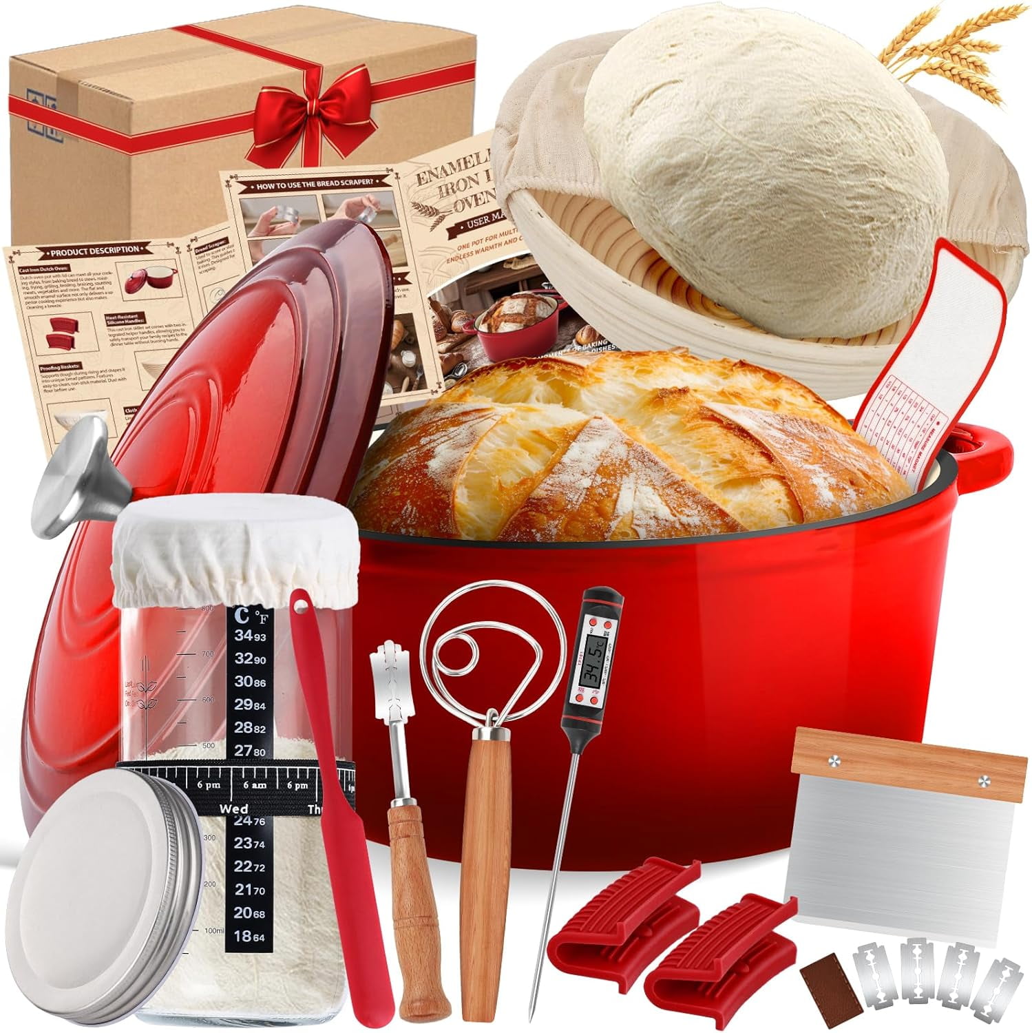 Enameled Cast Iron Dutch Oven Pot with Lid, Incl. Sourdough Bread ...