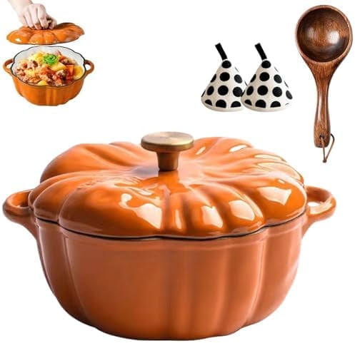 Enameled Cast Iron Dutch Oven, Pumpkin Pot with Lid, 4-Quart Cookware ...