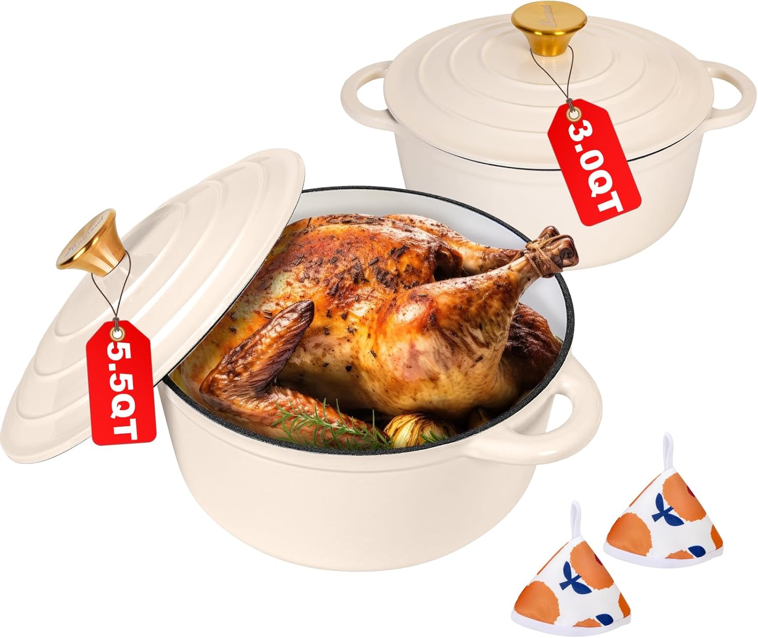 Enameled Cast Iron Dutch Oven Set - 3qt & 5.5qt Dual Combo - 7-Layer ...