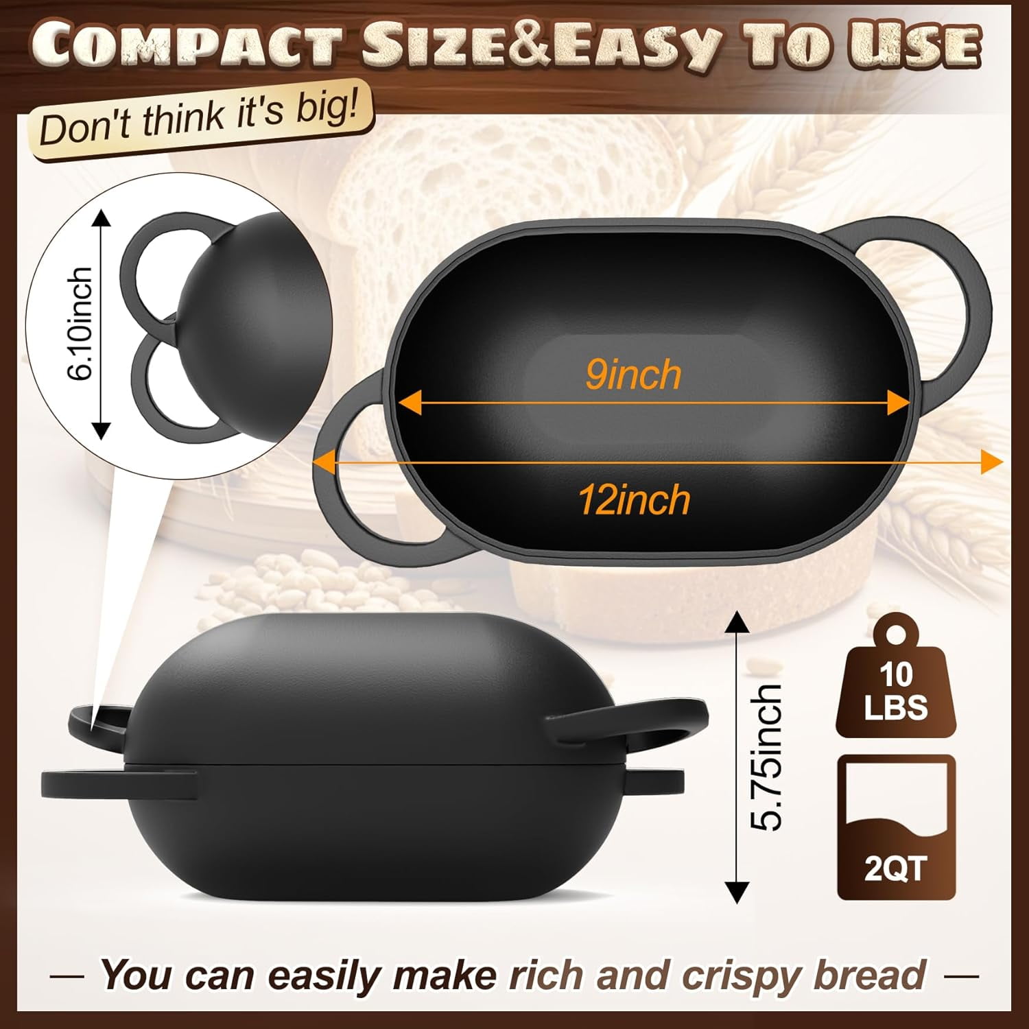 Enameled Cast Iron Oval Bread Oven with Non-Stick Silicone Liner, 2QT ...