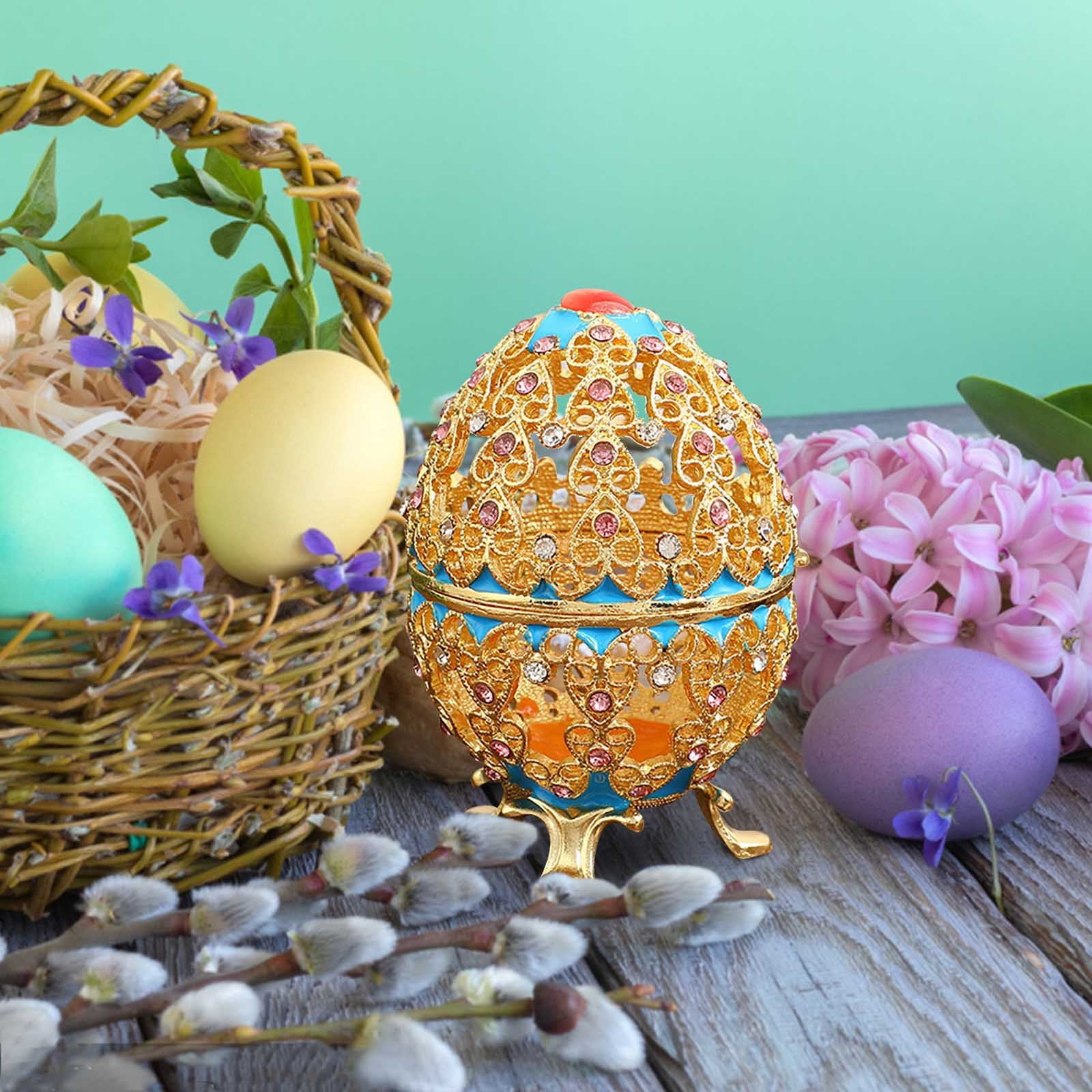 Enameled Hollow Easter Egg Jewelry Box, Mini Metal Trinket Organizer ...