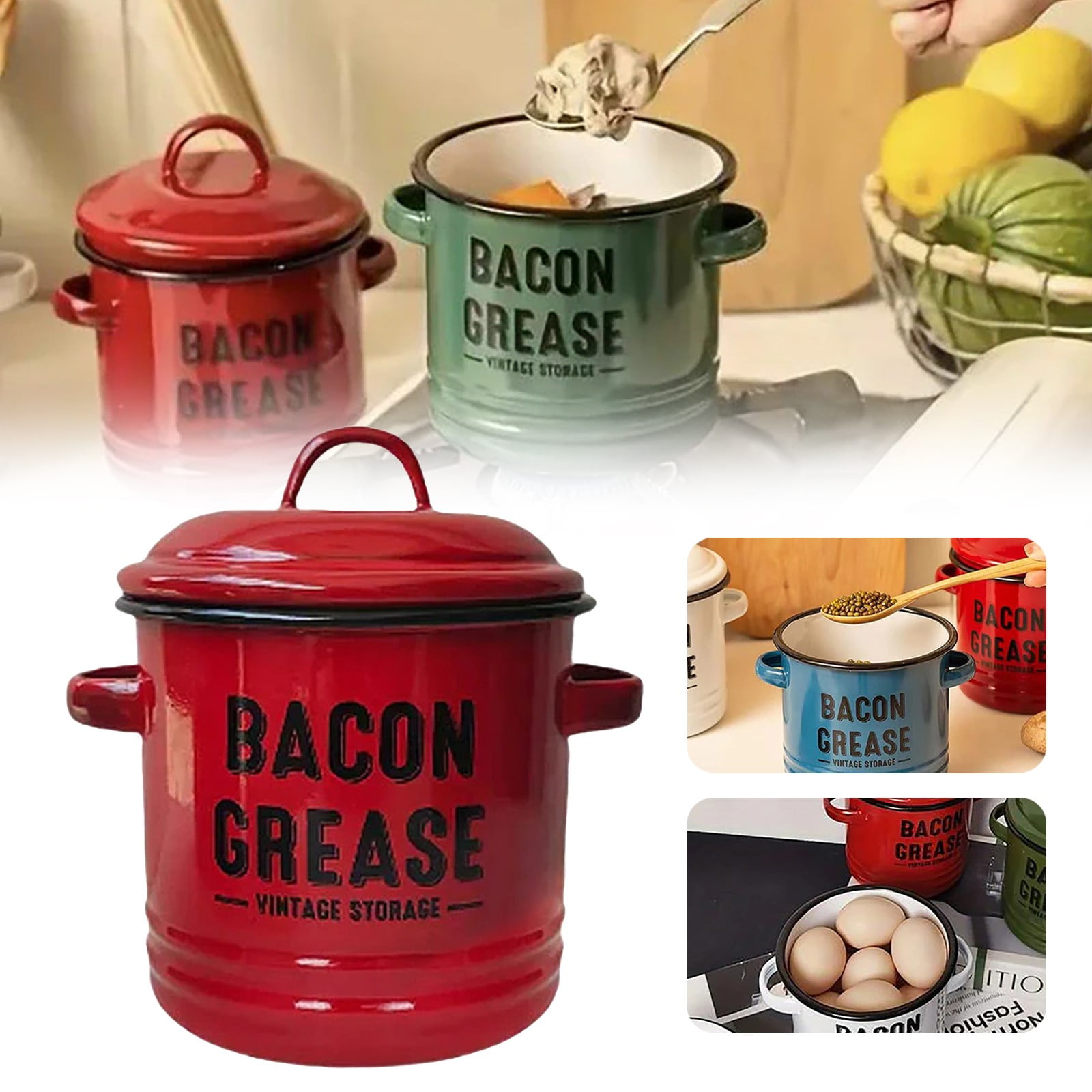 Enameled Oil Crock (Grease Keeper, Lard Pot), Red Ceramic Lard Canister ...