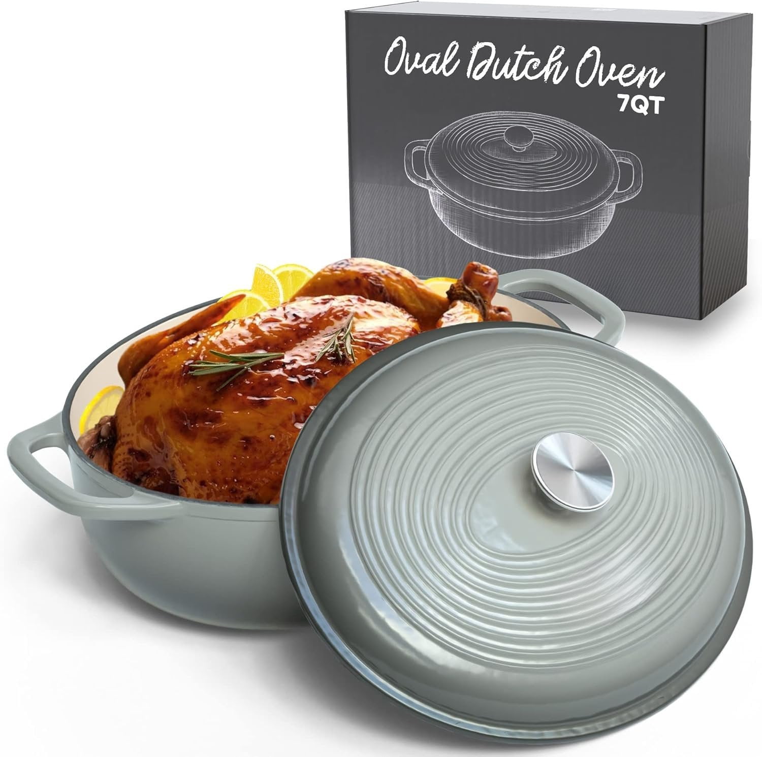 Enameled Oval Cast Iron Dutch Oven with Handle 7-Quarts Grigio Scuro ...