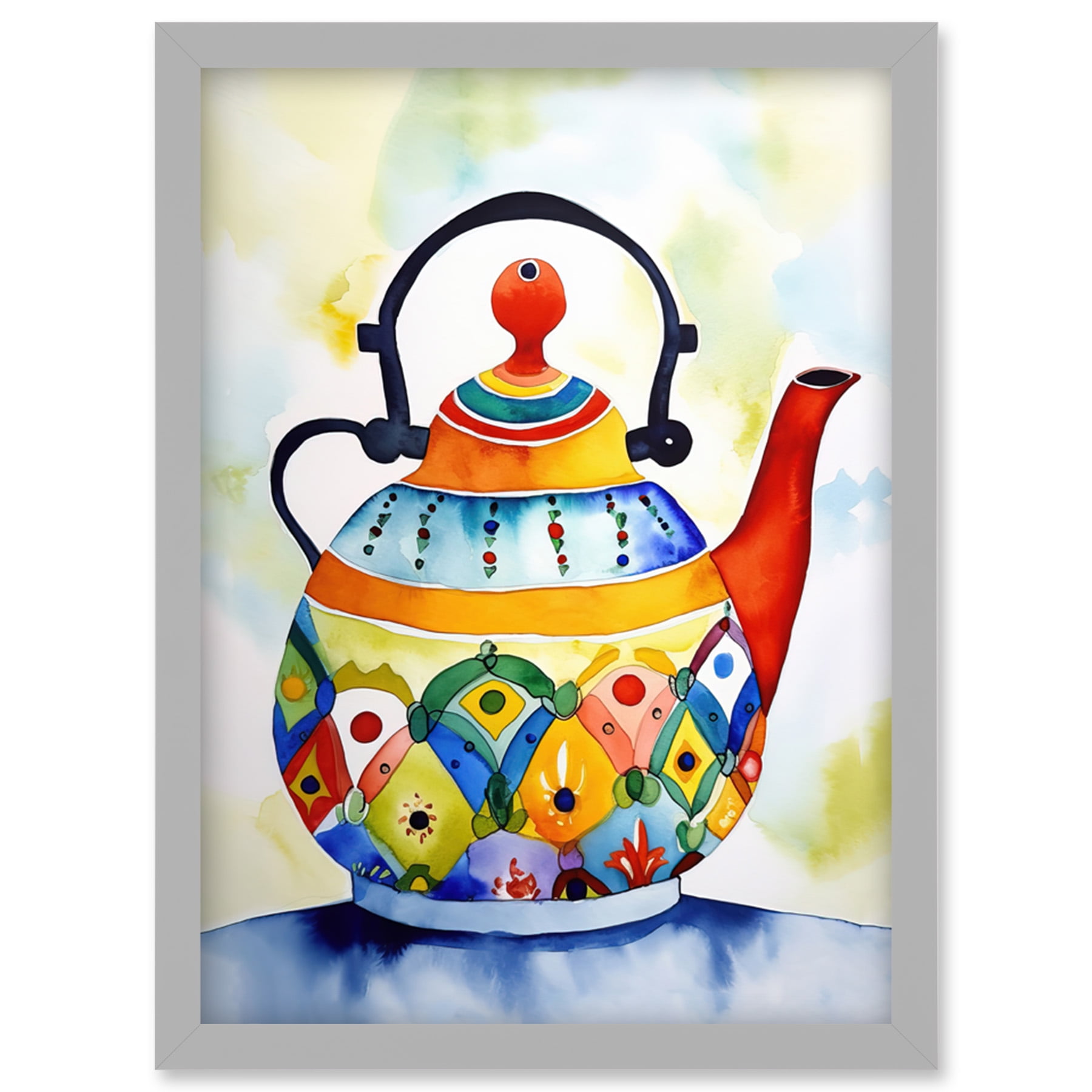 Enamelled Patterned Teapot Tea Kettle Folk Art Watercolour Painting ...