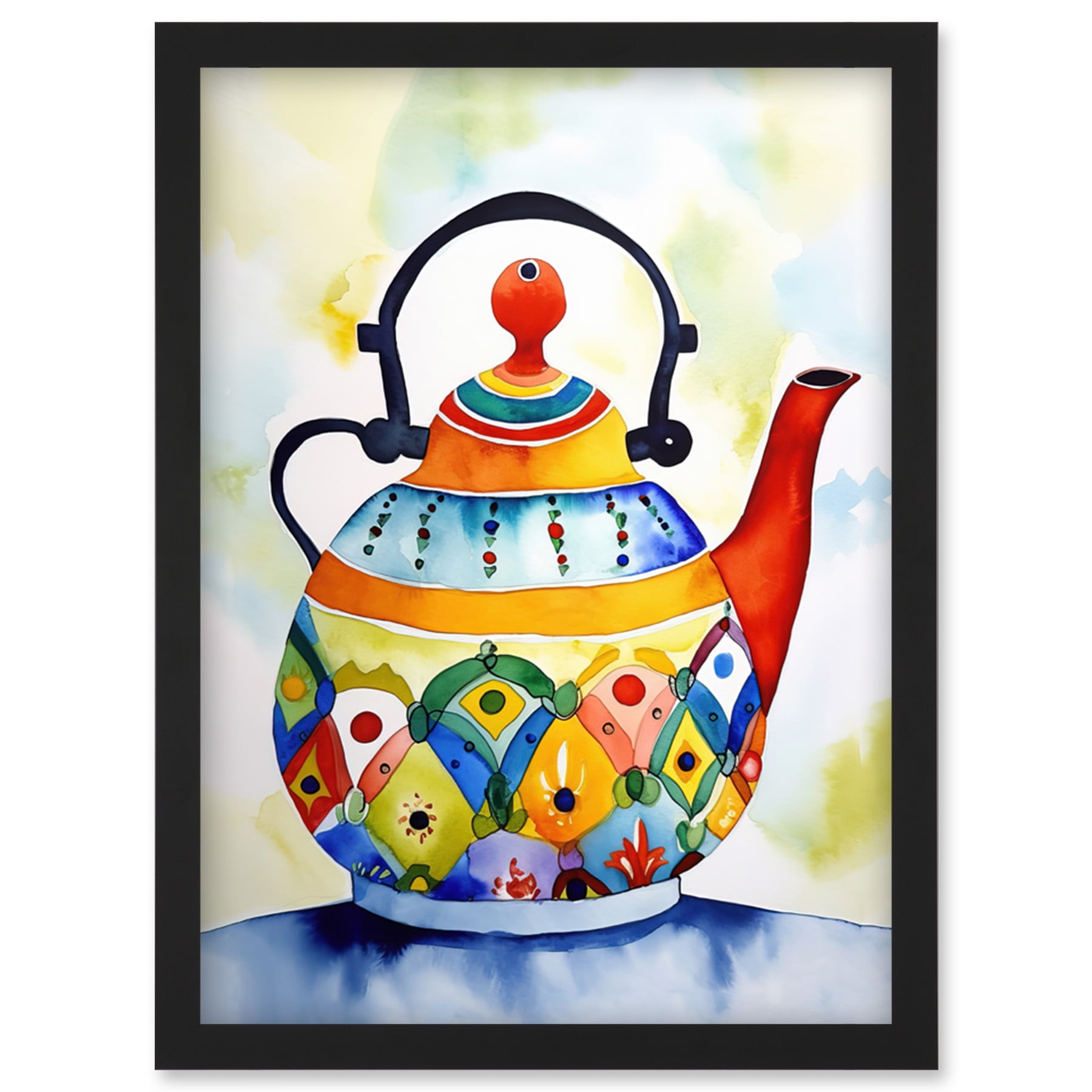 Enamelled Patterned Teapot Tea Kettle Folk Art Watercolour Painting ...
