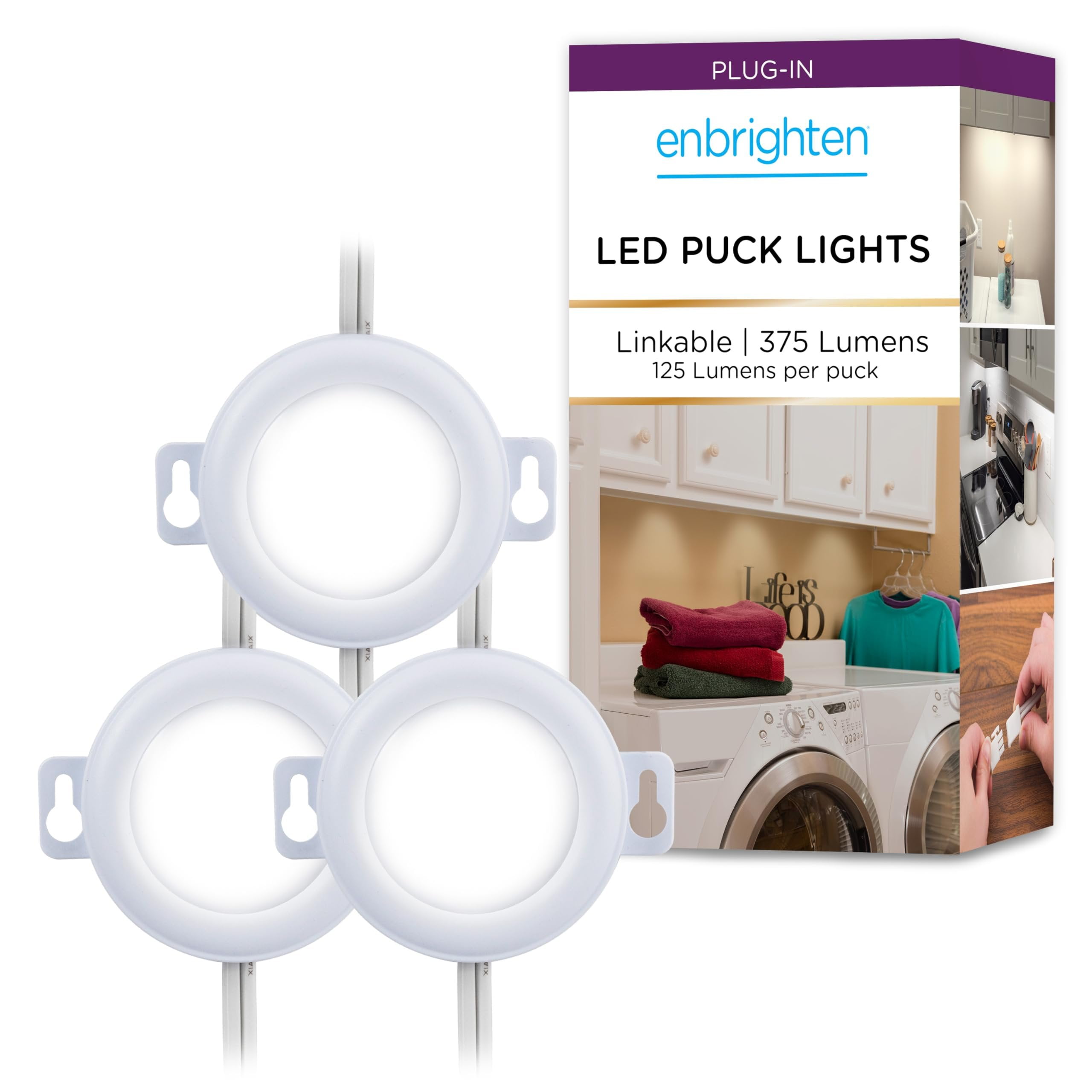 Enbrighten Linkable Plug-in Puck Lights, 3 Pucks, Under Cabinet ...