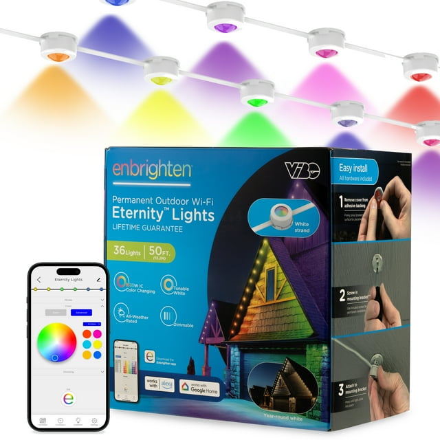 Enbrighten 50ft Wi-Fi LED Eternity String Lights, Color Changing, RGBW ...