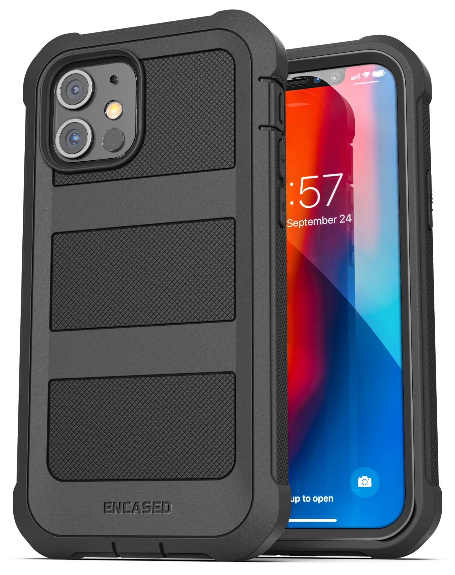 Encased iPhone 12 Case with Built-in Screen Protector Black Rugged Full ...
