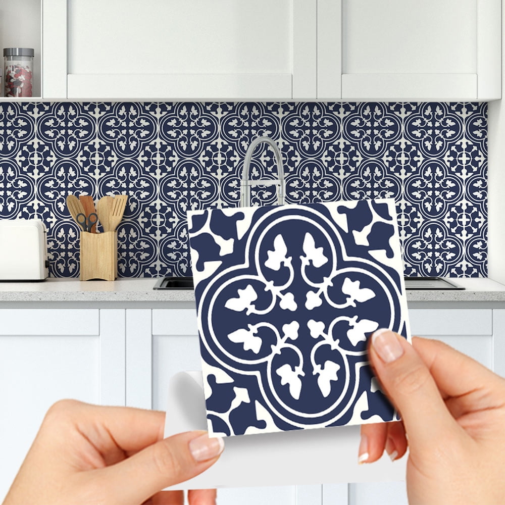 Encaustic Peel and Stick Backsplash, Blue Patterned Stick on Tile, Self ...