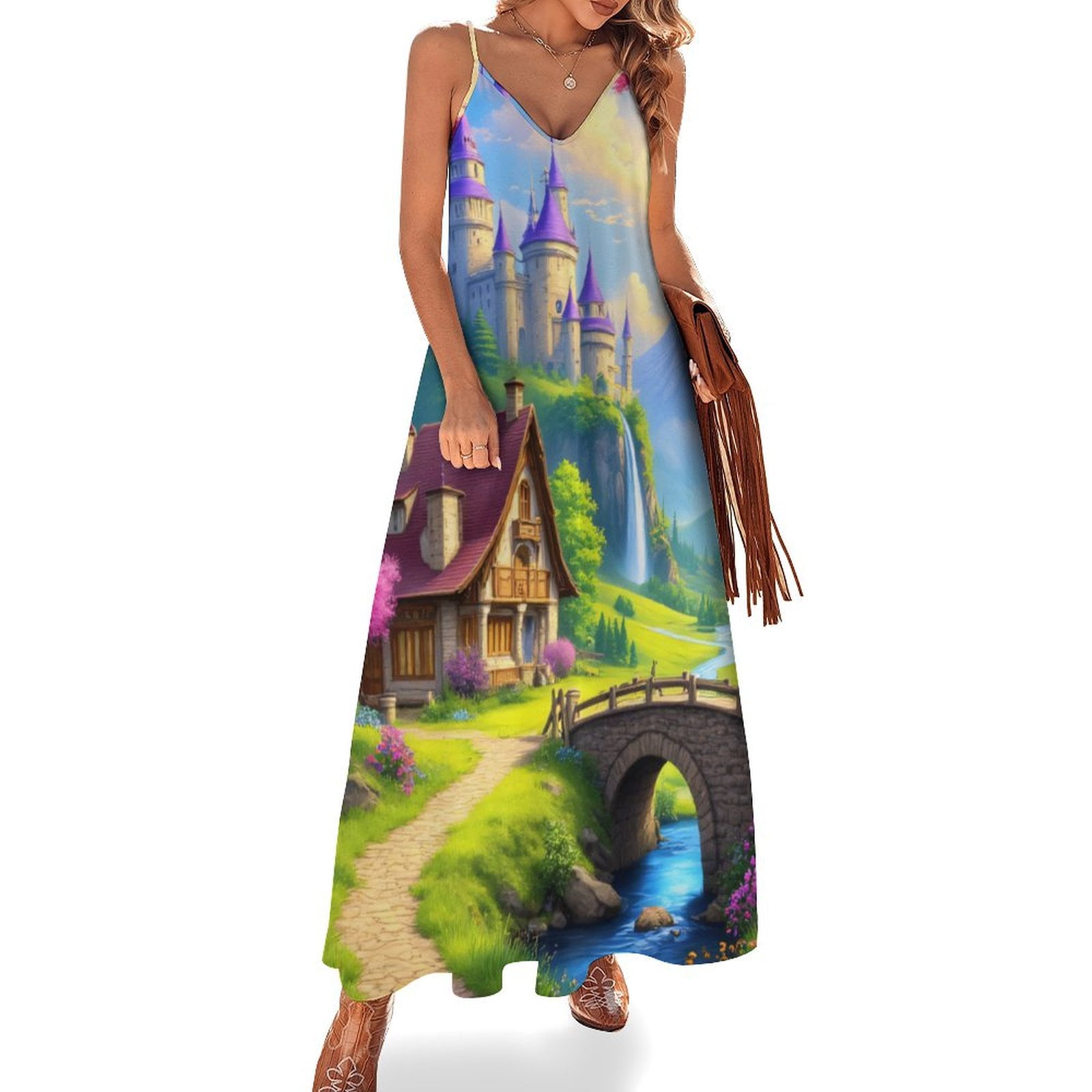 Enchanted Castle Landscape Sleeveless Dress Woman Fashion Long Dresses ...