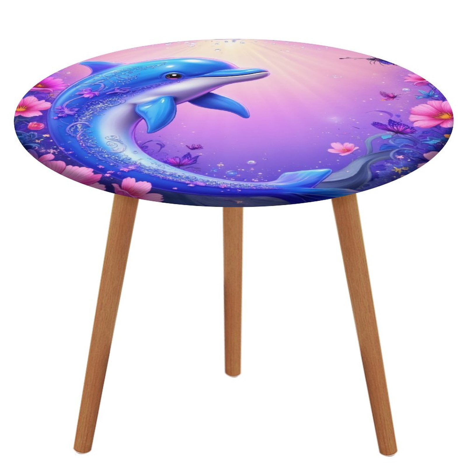 Enchanted Dolphin in Floral Fantasy Pattern Round Tablecloth Waterproof ...