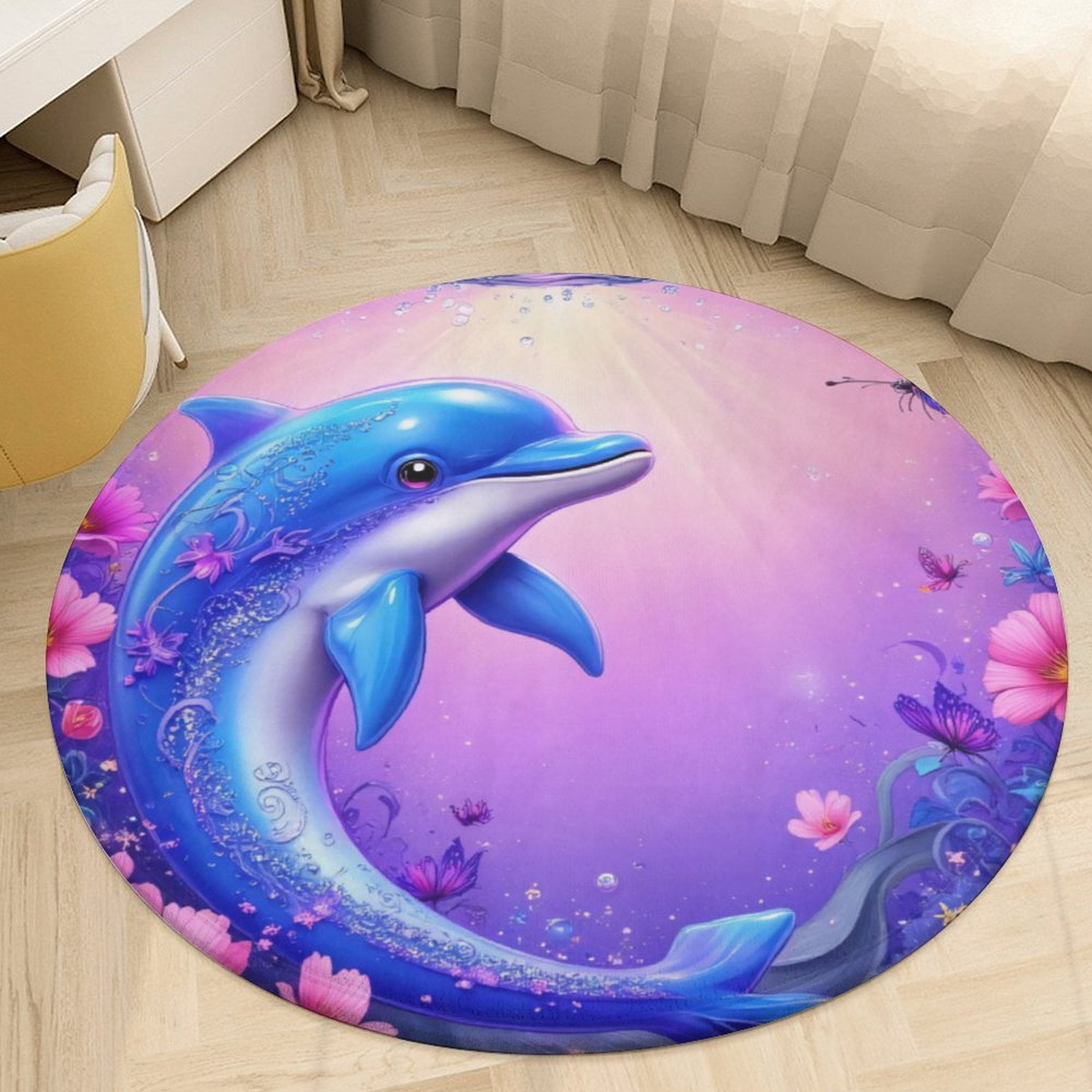 Enchanted Dolphin in Floral Fantasy Round Area Rugs for Bedroom Living ...