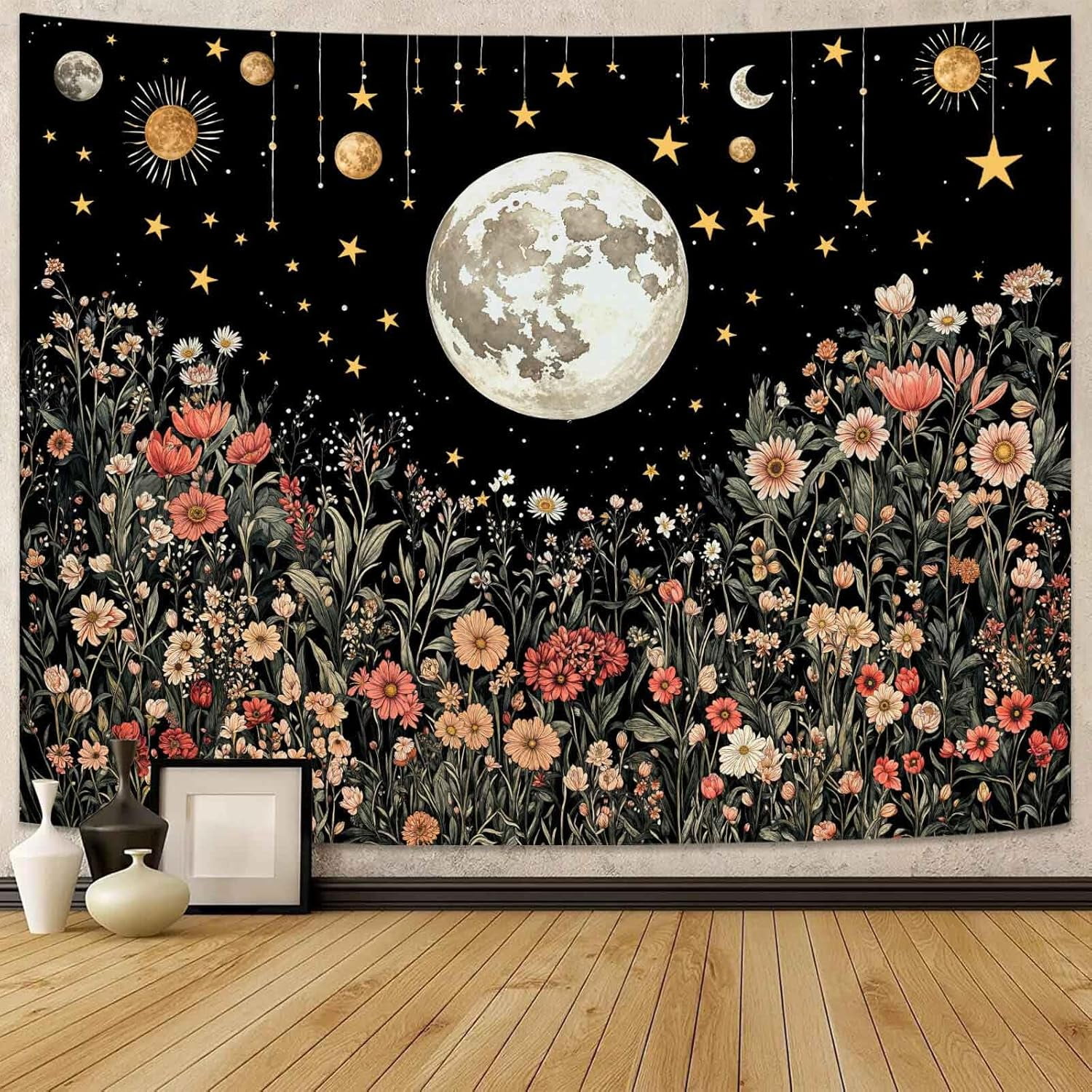 Enchanted Floral Tapestry Wall Hanging Celestial Moon & Stars Night Sky ...