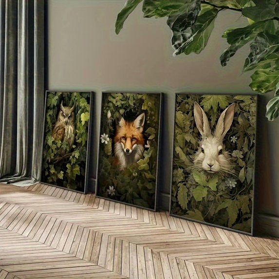 Enchanted Forest 3pcs Canvas Art Set - Vibrant Retro Woodland Animal ...