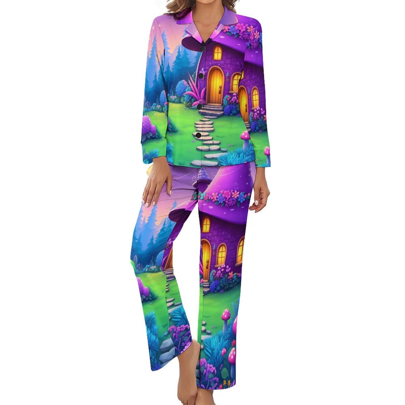 Enchanted Forest Cottage-2 Printed Pajama Set for Couples, Women Men ...