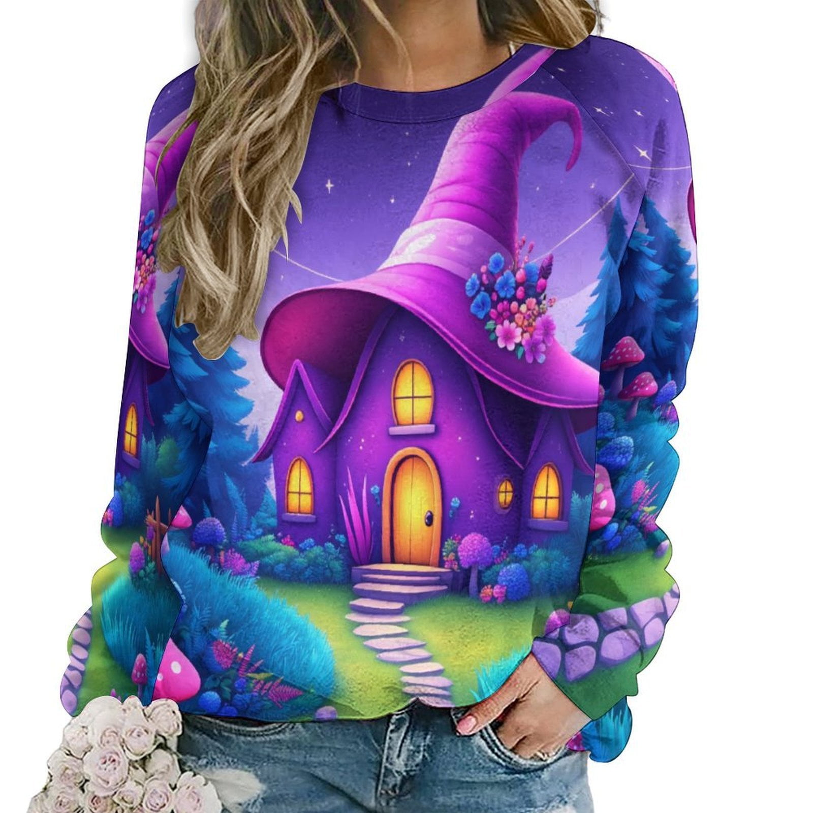 Enchanted Forest Cottage Hoodie Round Neck Long Sleeve Cute Casual ...