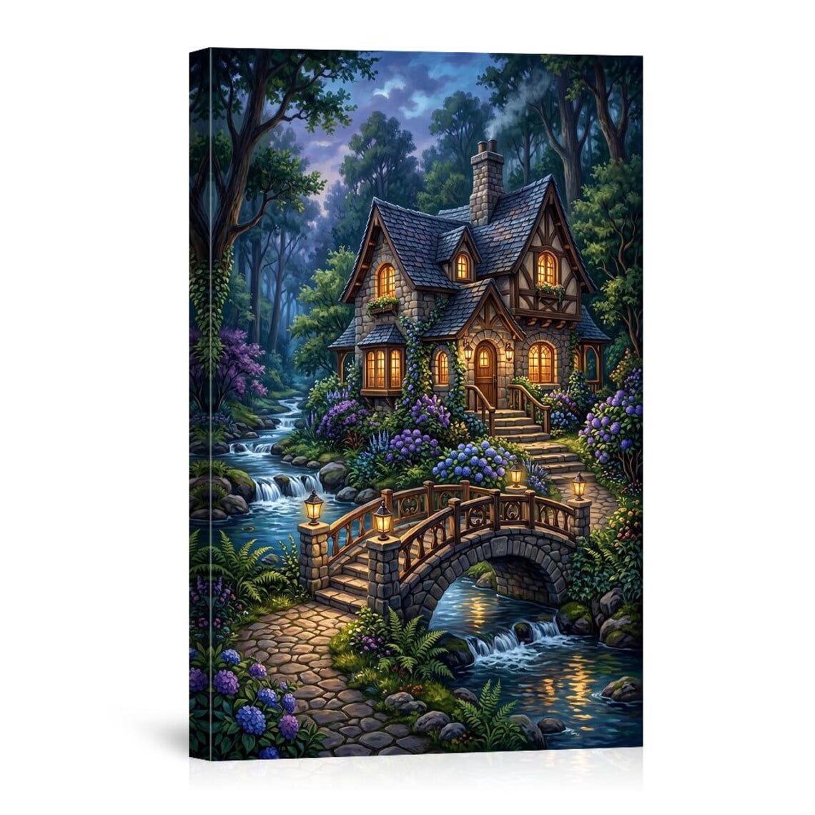 Enchanted Forest Cottage Stream Bridge Whimsical Fantasy Magical Fairy ...