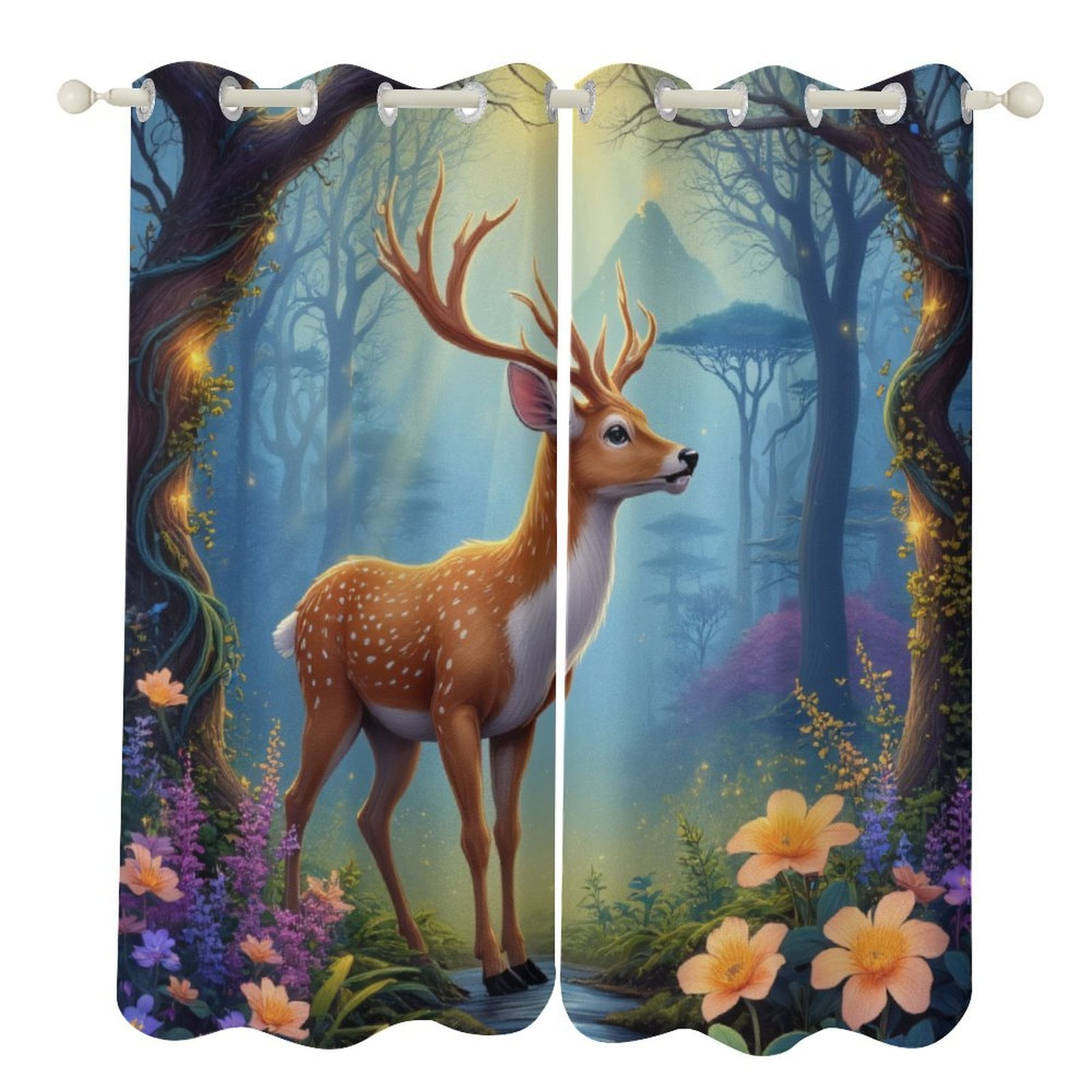 Enchanted Forest Deer 2 Panels Curtains for Bedroom Living Room Drapes Kitchen Window Curtain ...