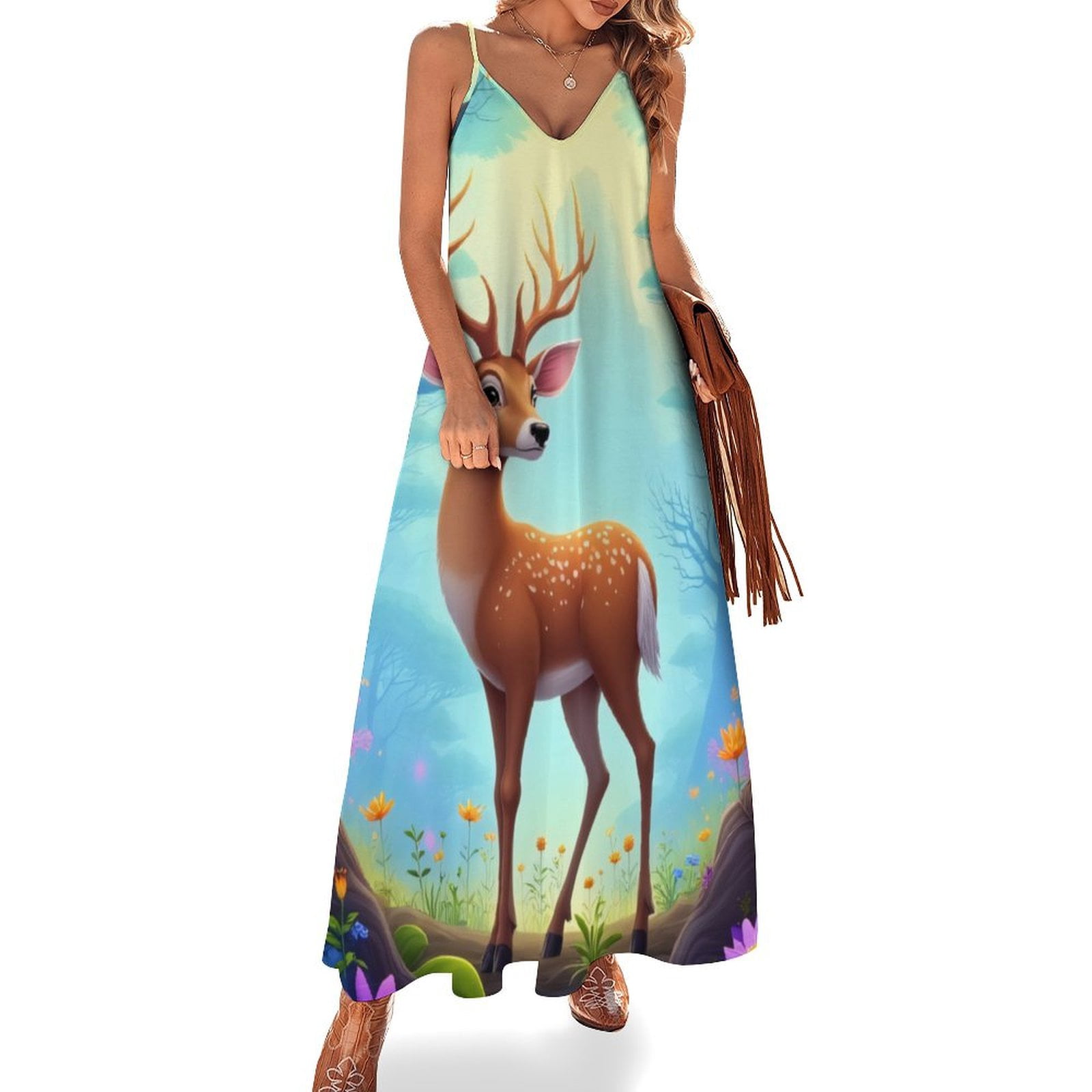 Enchanted Forest Deer Design Sleeveless Dress Woman Fashion Long ...