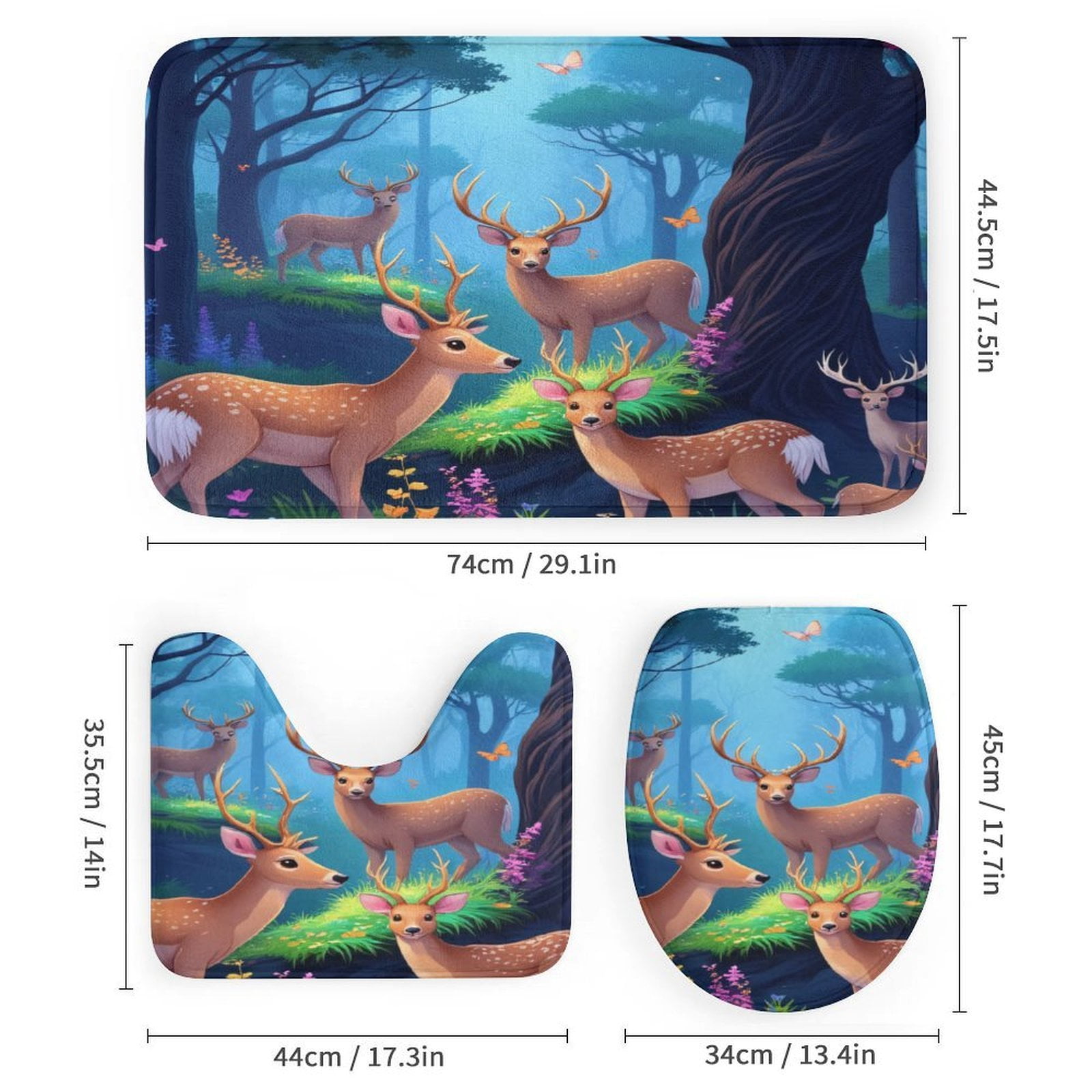 Enchanted Forest Deer Scene Bathroom Rugs Sets 3 Piece Toilet Lid Cover ...