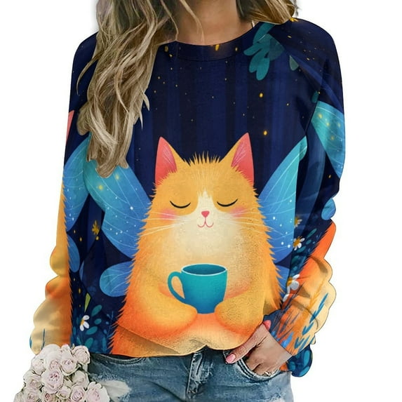 Enchanted Forest Fairy Cat Hoodie Round Neck Long Sleeve Cute Casual ...