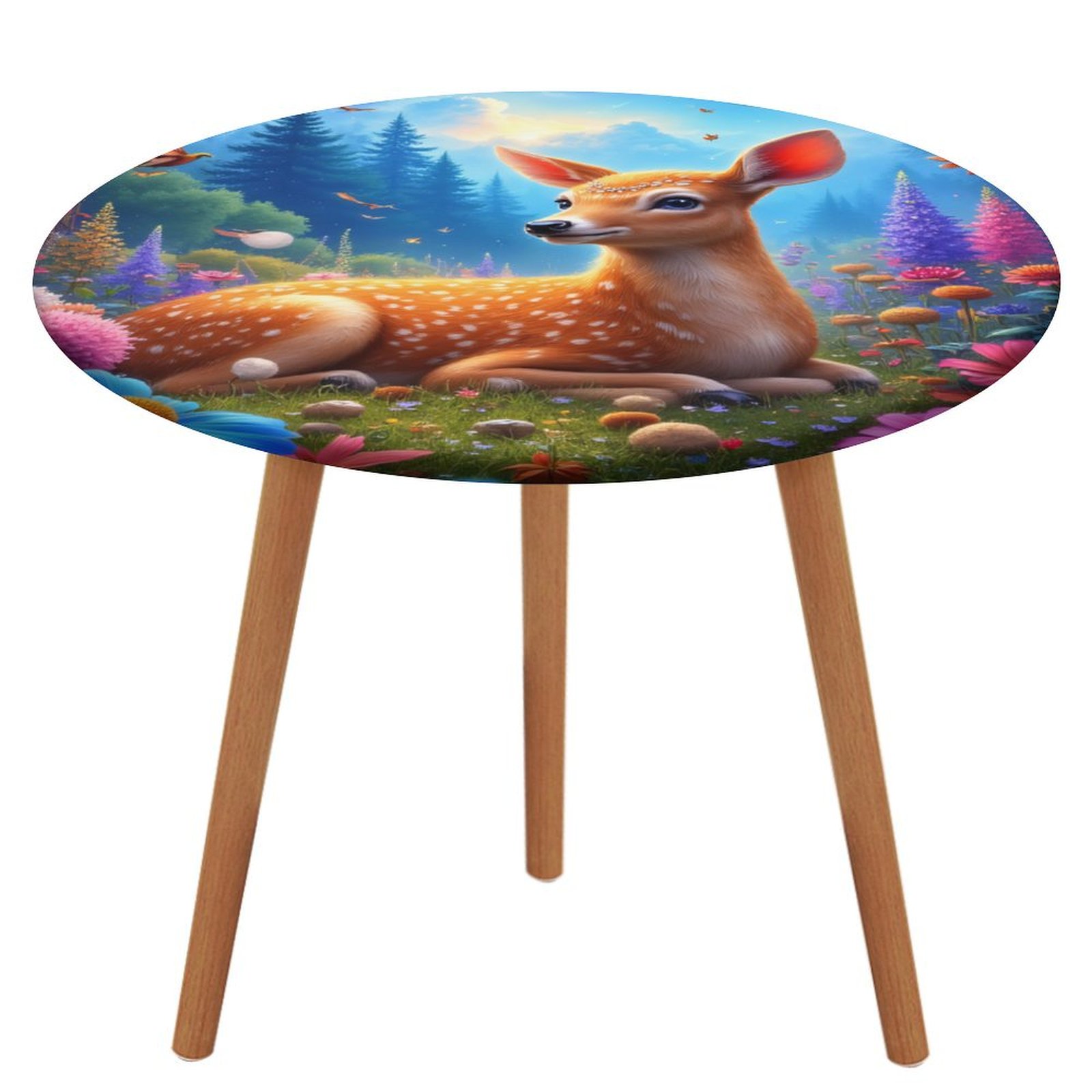 Enchanted Forest Fawn Pattern Round Tablecloth Waterproof Elastic Table ...
