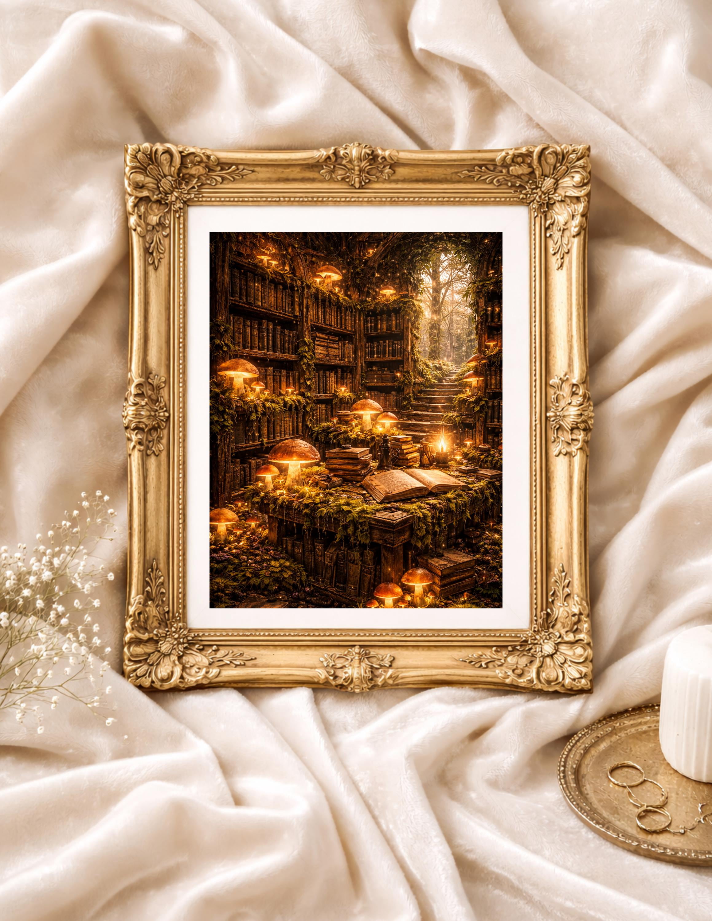 Enchanted Forest Library Art Print, Mushroom Bookshelf Fantasy Poster ...