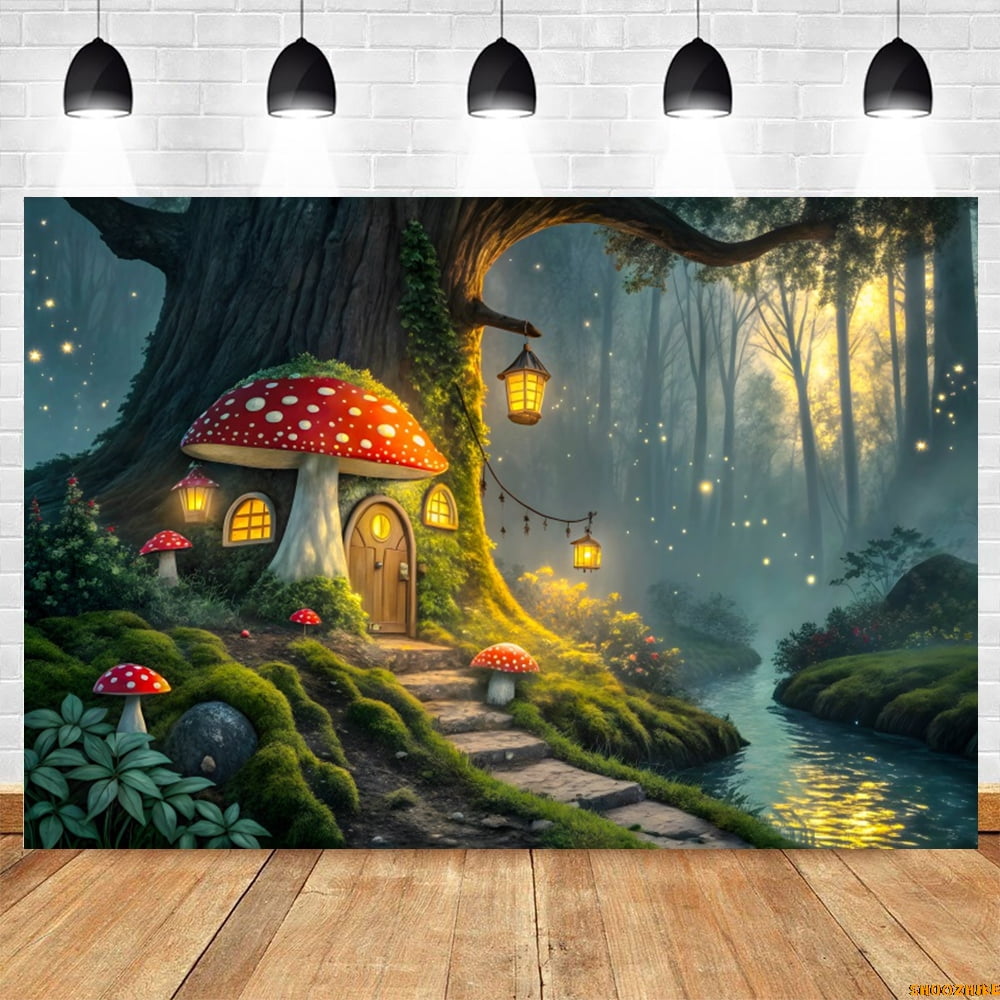 Enchanted Forest Mushroom Backdrop Glitter Spots Gre Tree Plants Baby ...