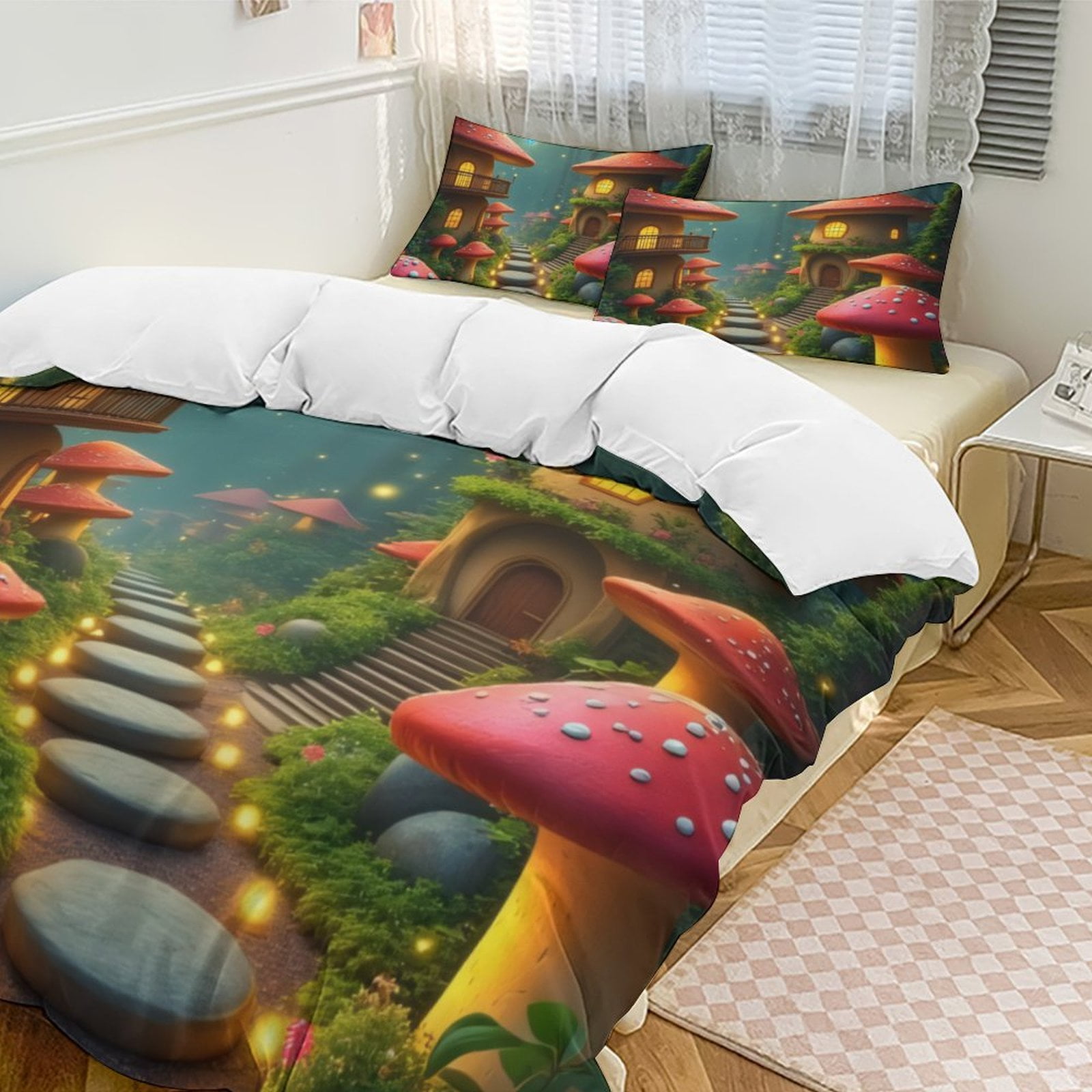 Enchanted Forest Mushroom Homes Duvet Cover Set Themed Multicolor Polyester Bedding Set for ...