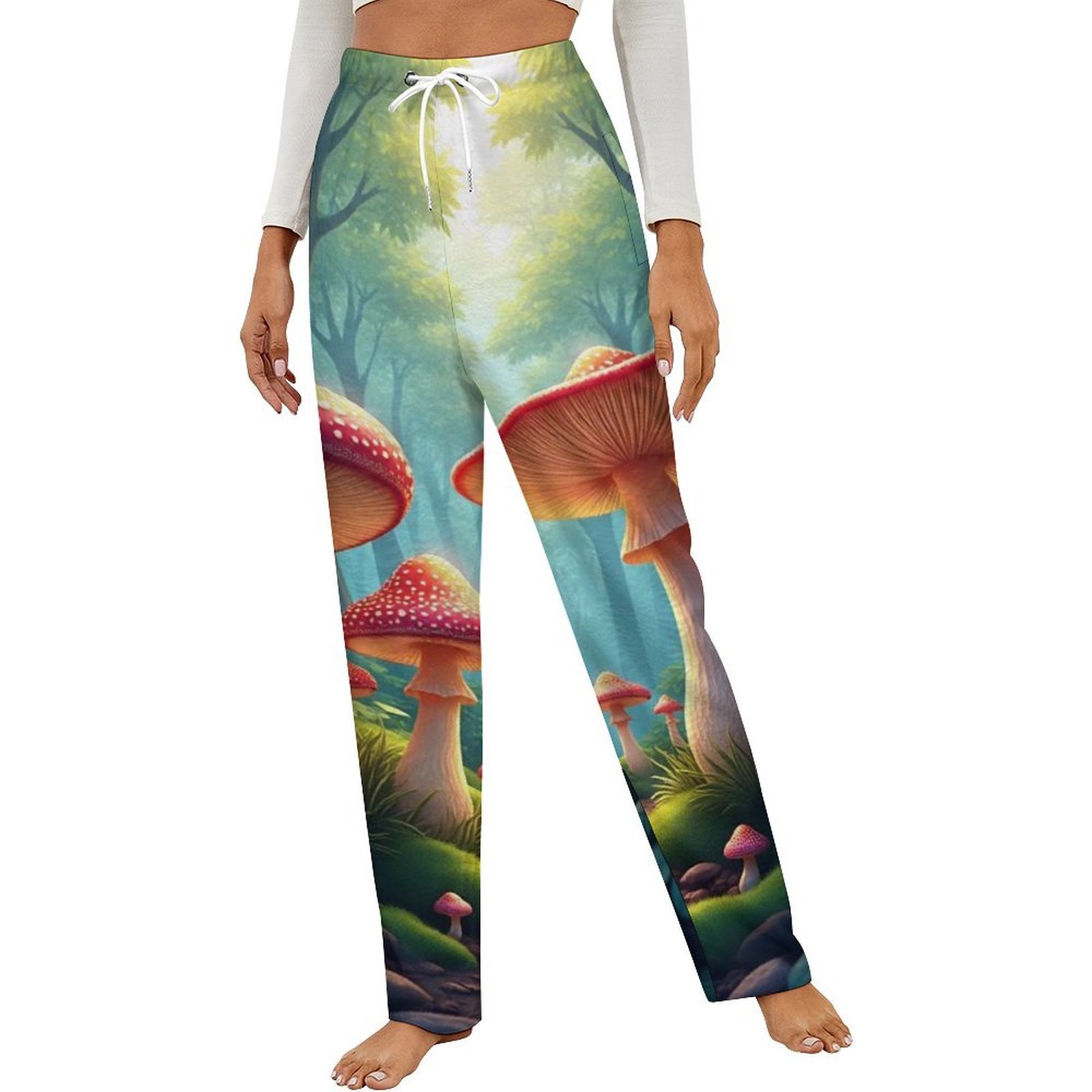 Enchanted Forest Mushroom Scene Winter Female Pants Flannel High Waist ...
