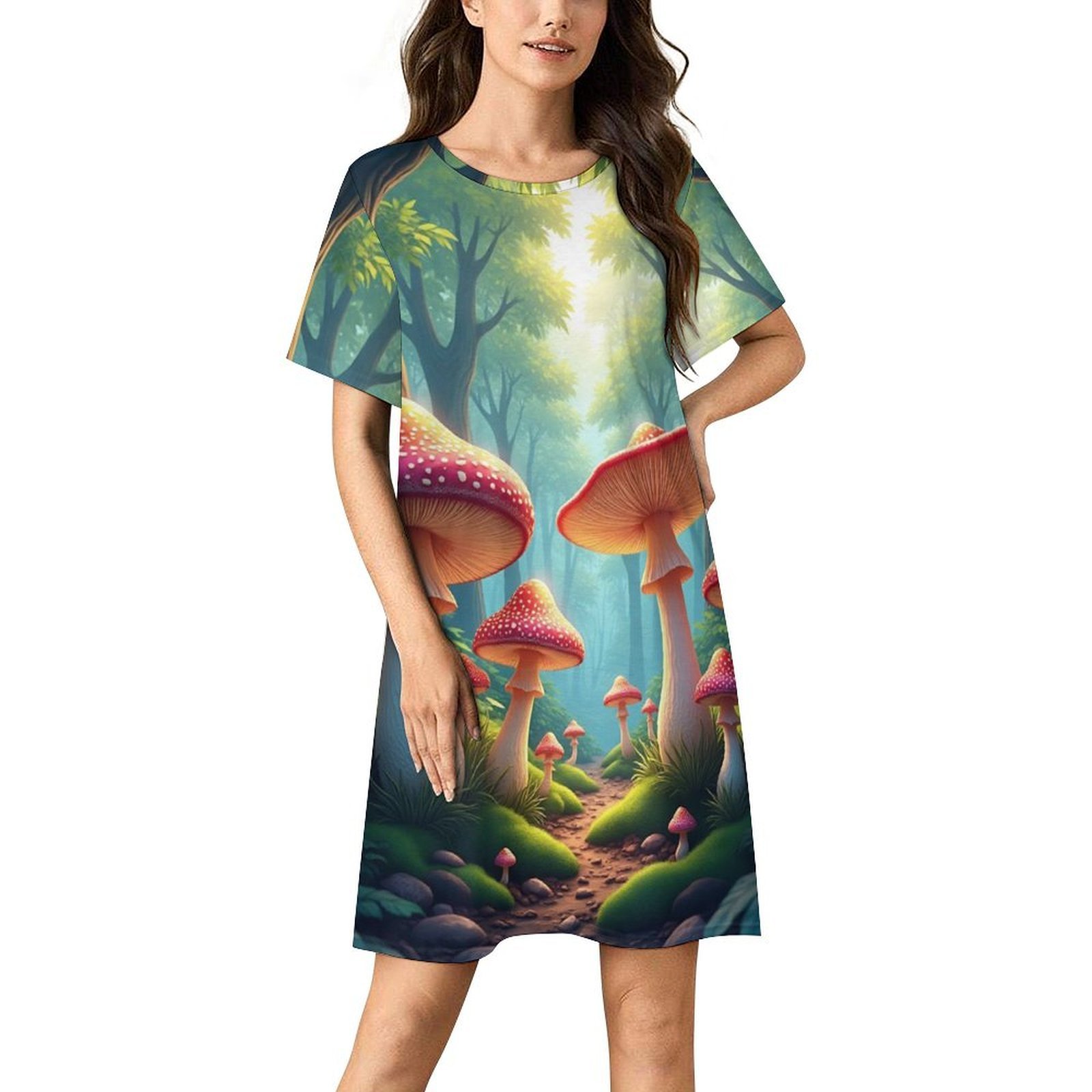 Enchanted Forest Mushroom Scene Women Nightgown Sleepwear Short Sleeves ...