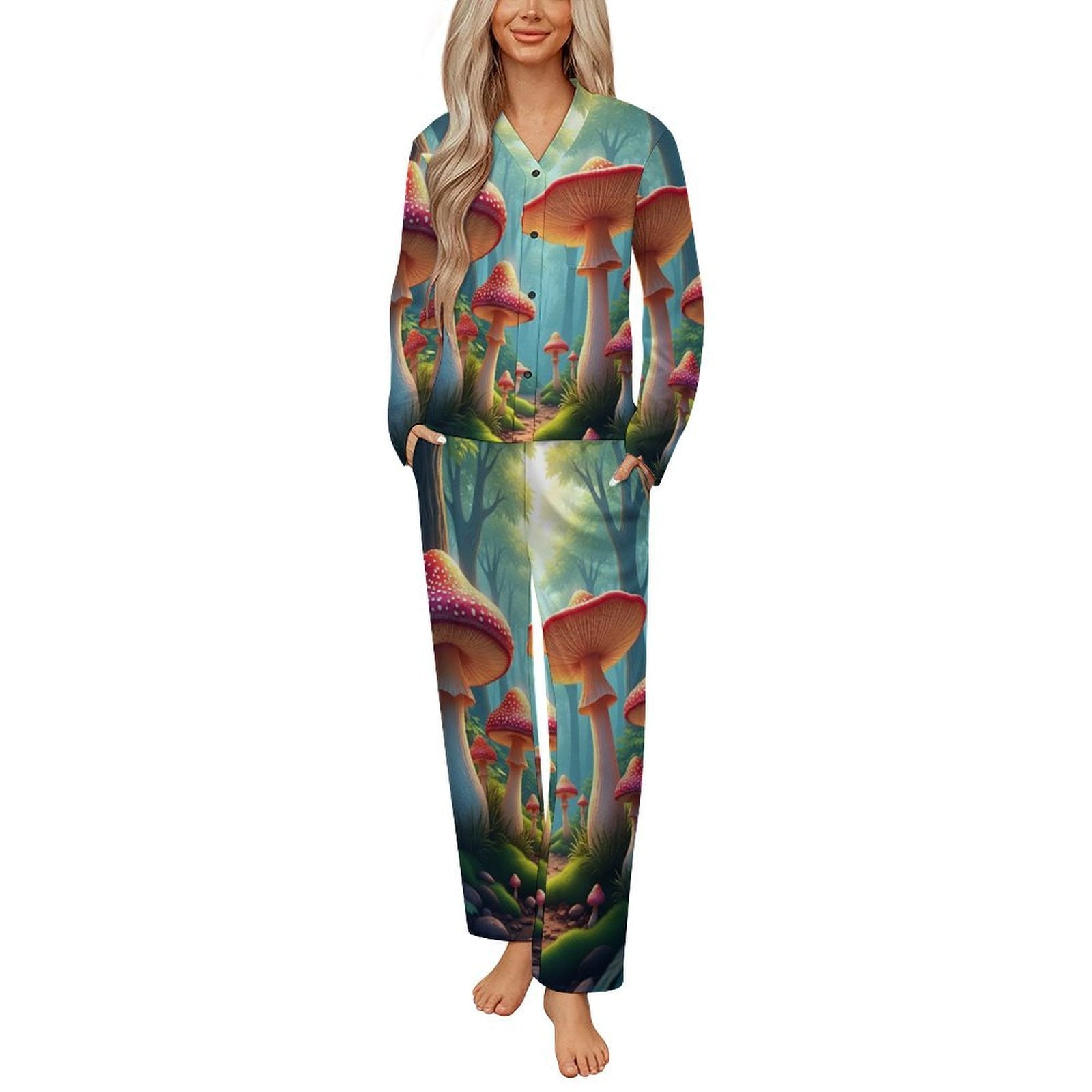 Enchanted Forest Mushroom Scene Womens Pyjamas Set Button Up Pyjamas ...