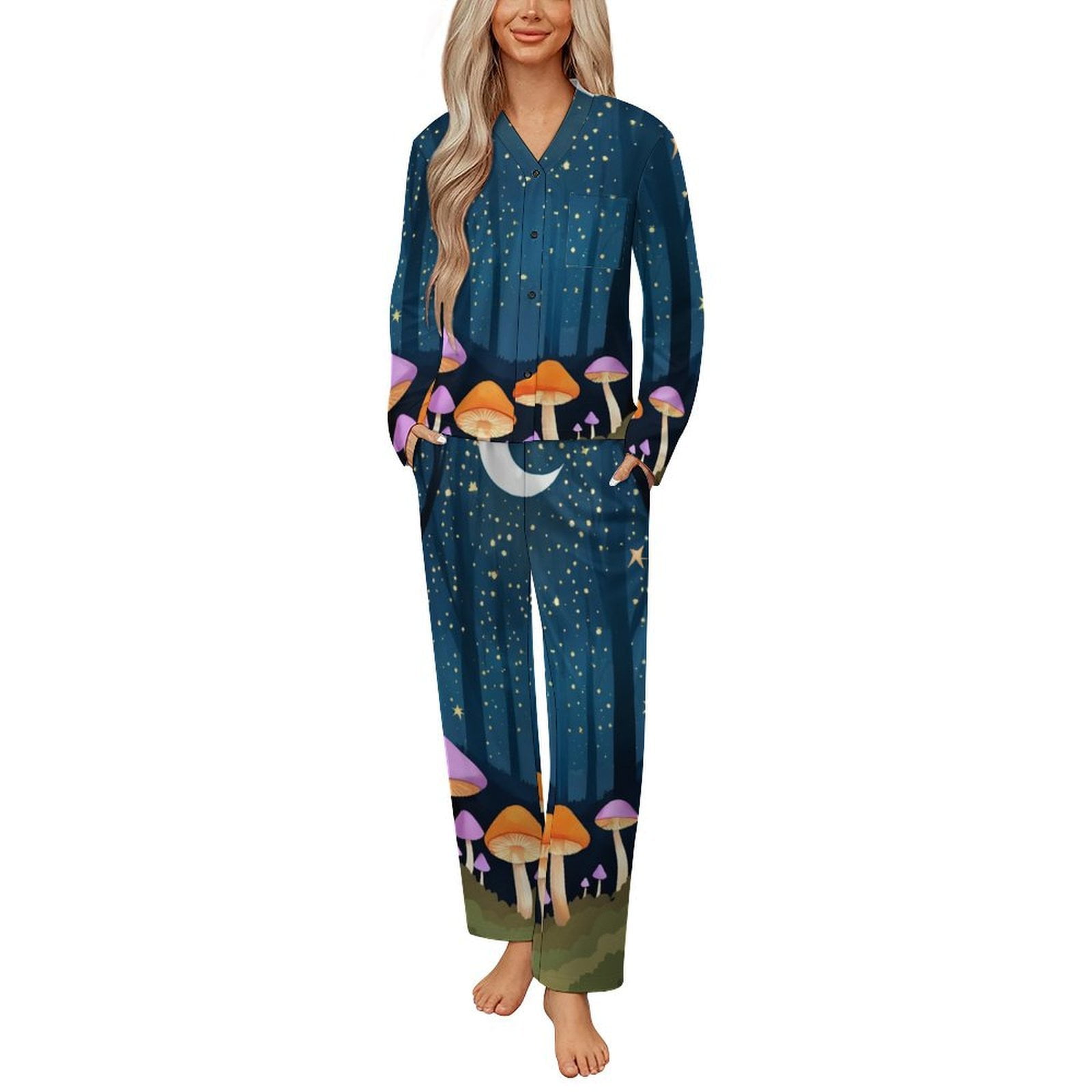 Enchanted Forest Mushrooms Night Womens Pyjamas Set Button Up Pyjamas ...