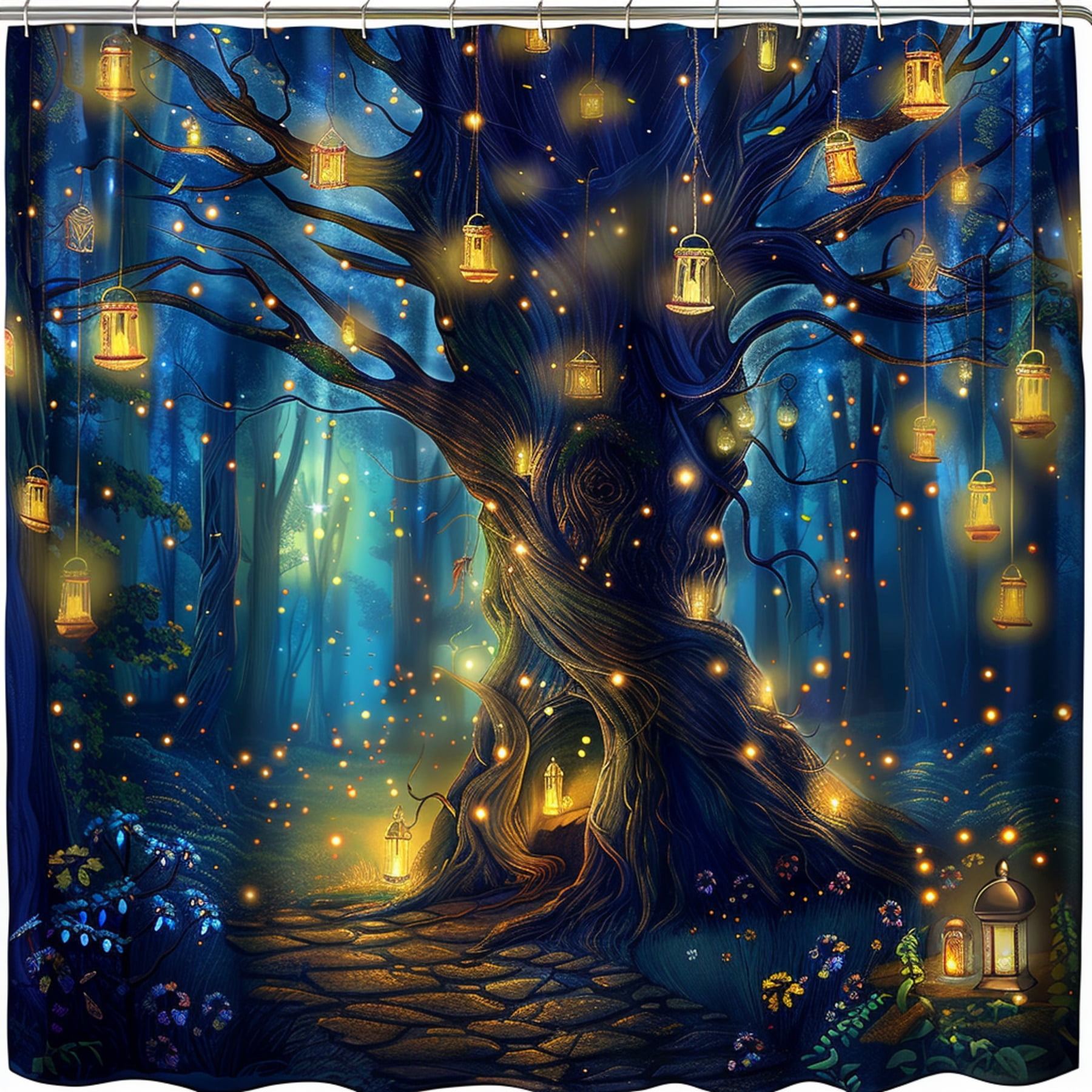 Enchanted Forest Night Scene Shower Curtain Dark Blue and Yellow ...