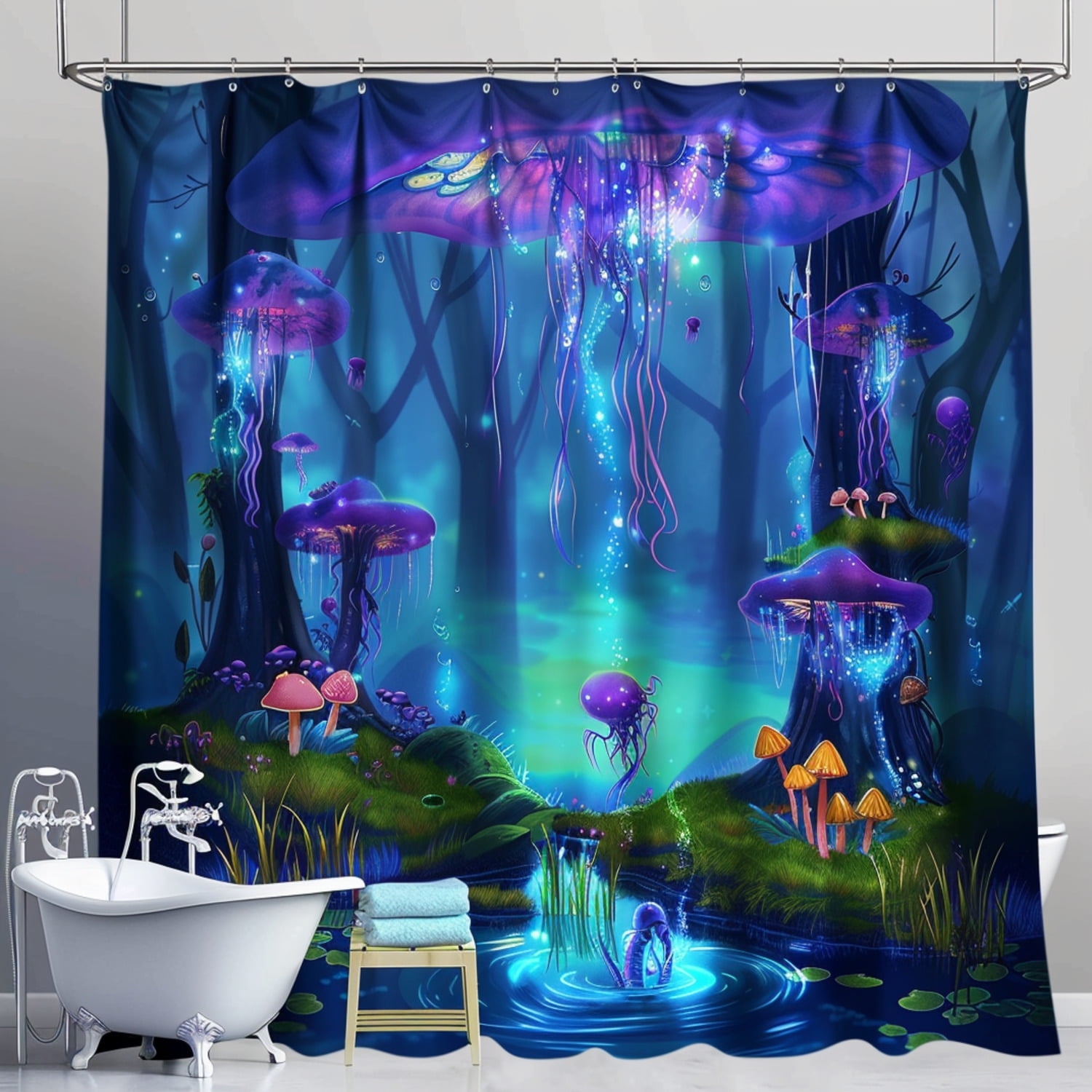 Enchanted Forest Night Shower Curtain with Glowing Mushrooms and ...