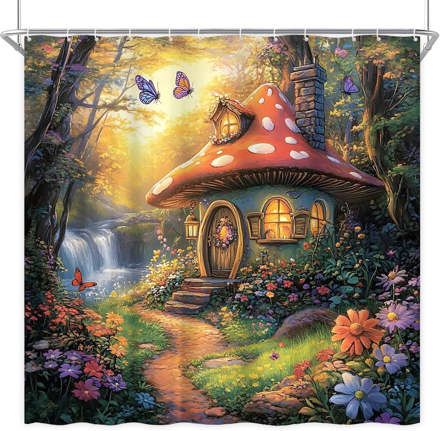 Enchanted Forest Shower Curtain Fantasy Mushroom House Wonderland Fairy ...
