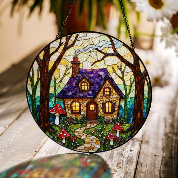 Enchanted Forest Stone Cottage Round Stained Glass Style Suncatcher ...