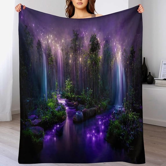 Enchanted Forest Throw Blanket Fantasy Night Purple Flower Waterfall ...
