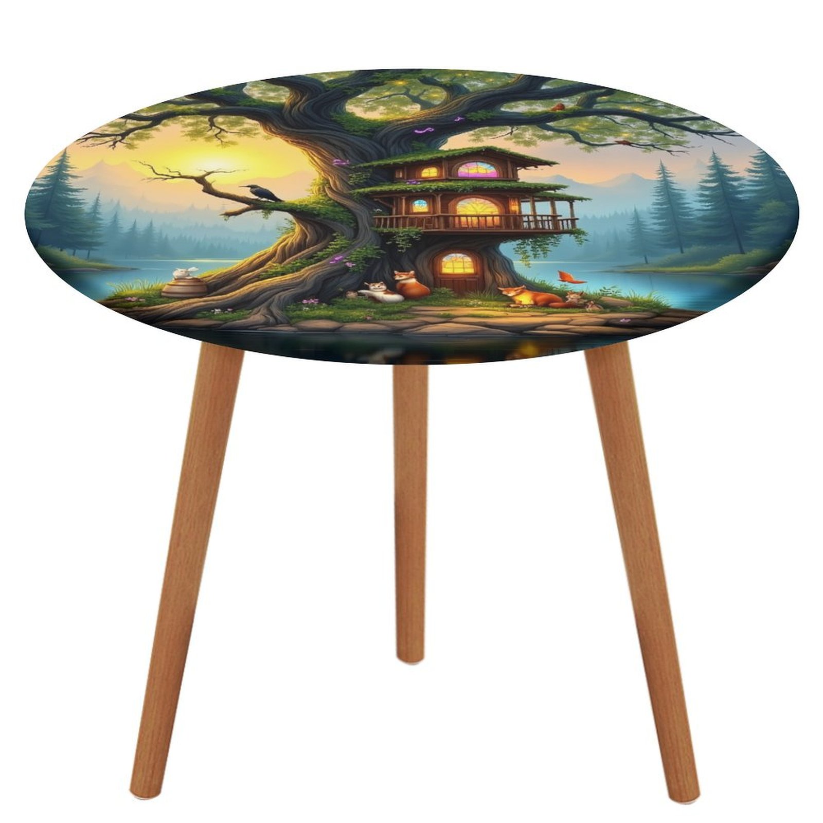 Enchanted Forest Treehouse Tablecloth Round Elastic Fitted Waterproof ...