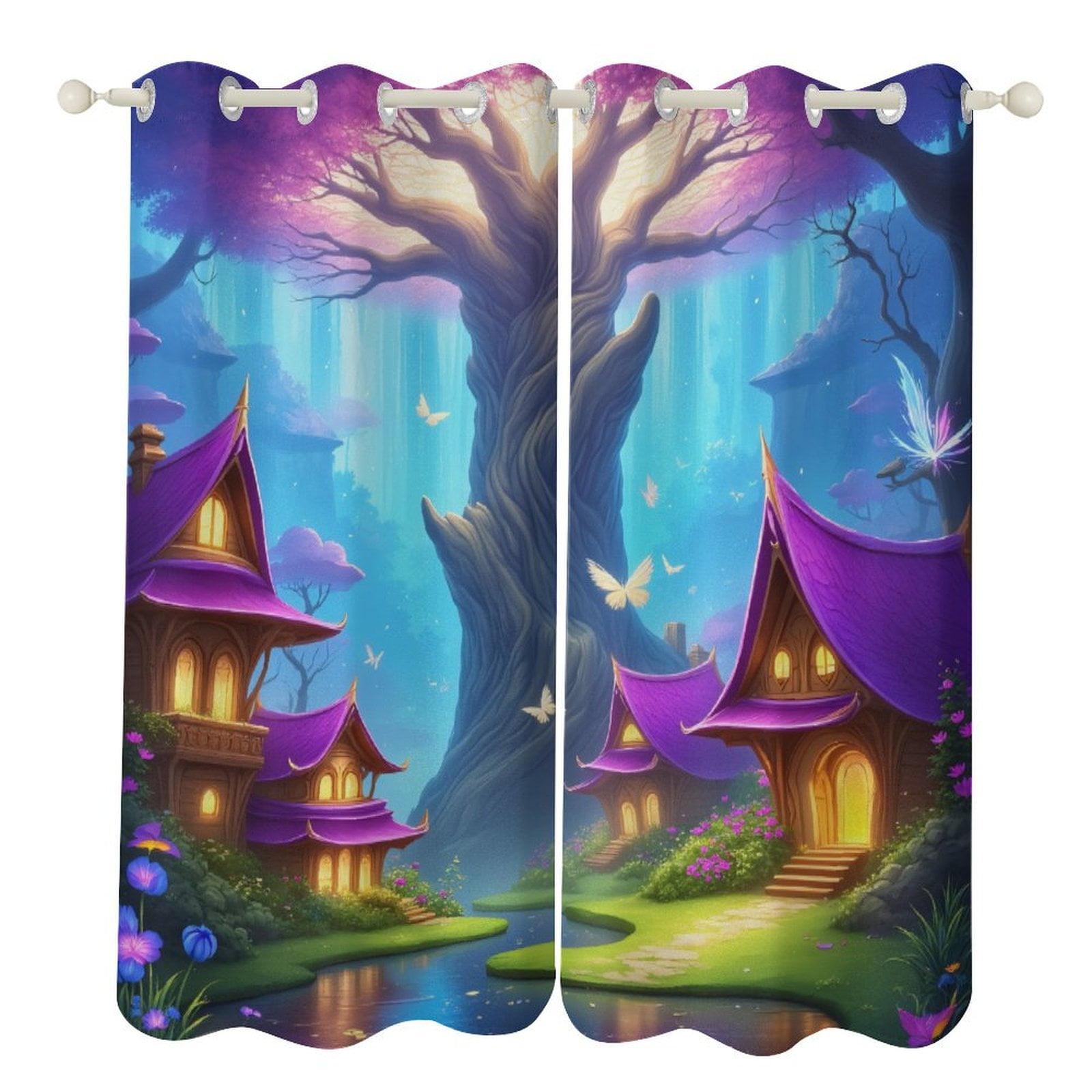 Enchanted Forest Village 2 Panels 3D Printing Pattern Curtain for Bedroom Living Room Kitchen ...