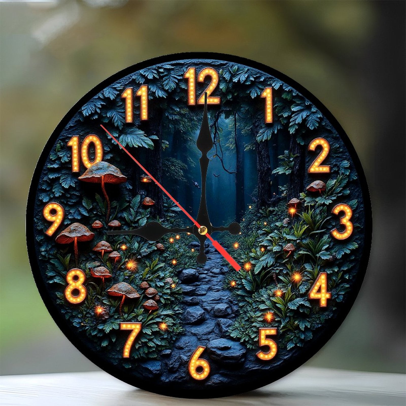 Enchanted Forest Wall Clock Mushroom Firefly 10-Inch Silent Wooden Wall ...