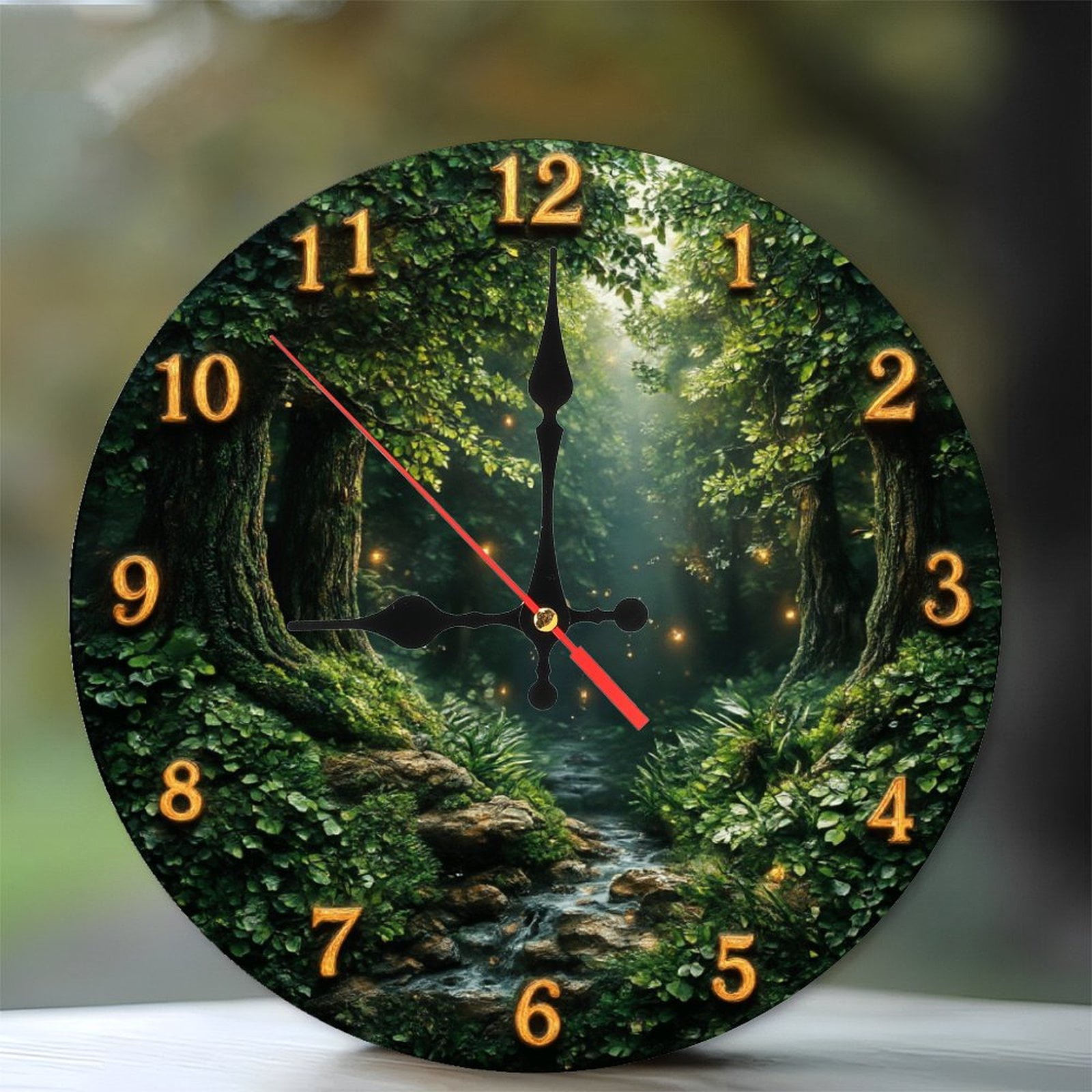 Enchanted Forest Wall Clock Nature Scene Magical Firefly Stream 10-Inch ...