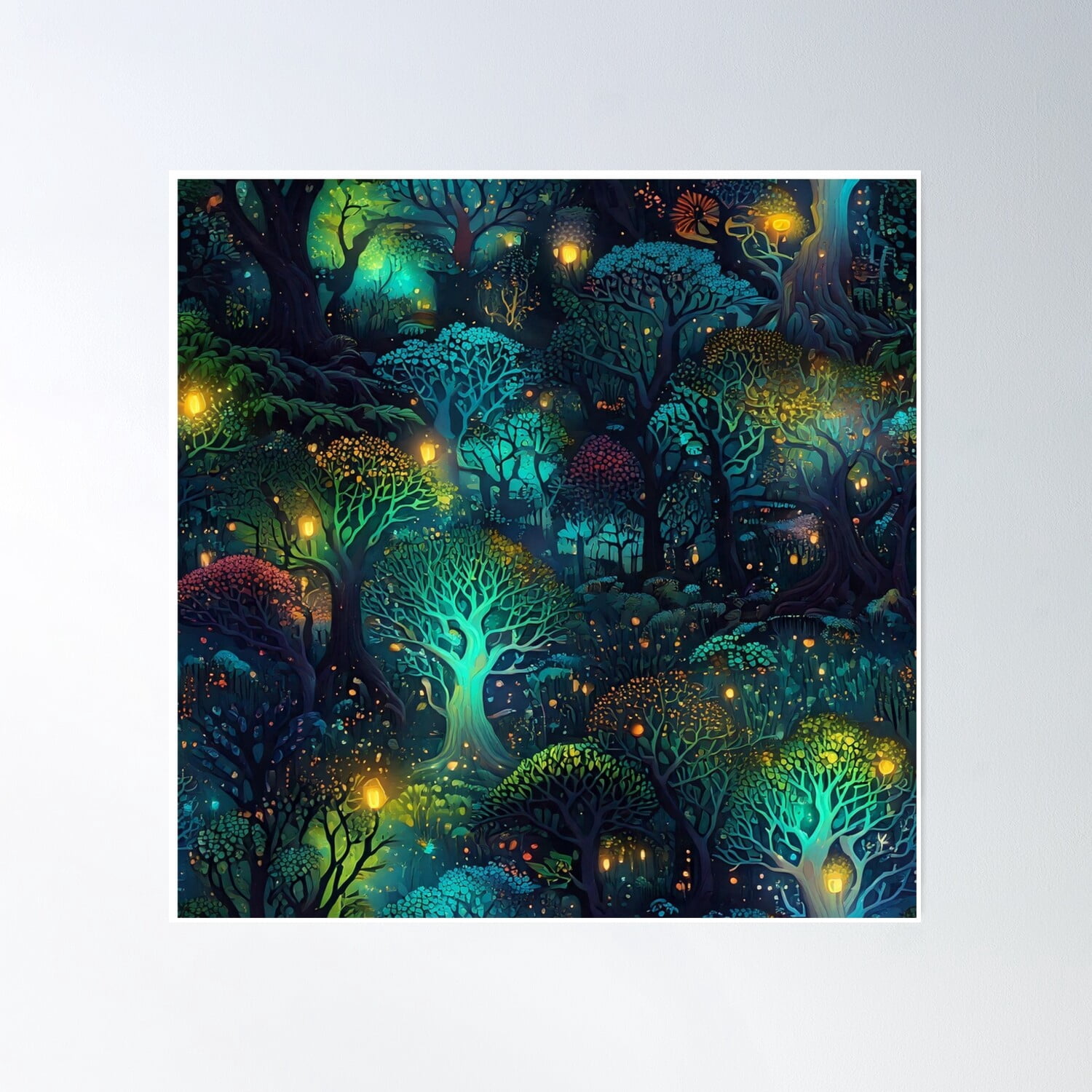 Enchanted Forest With Glowing Fireflies Poster Wall Art, Modern Wall ...