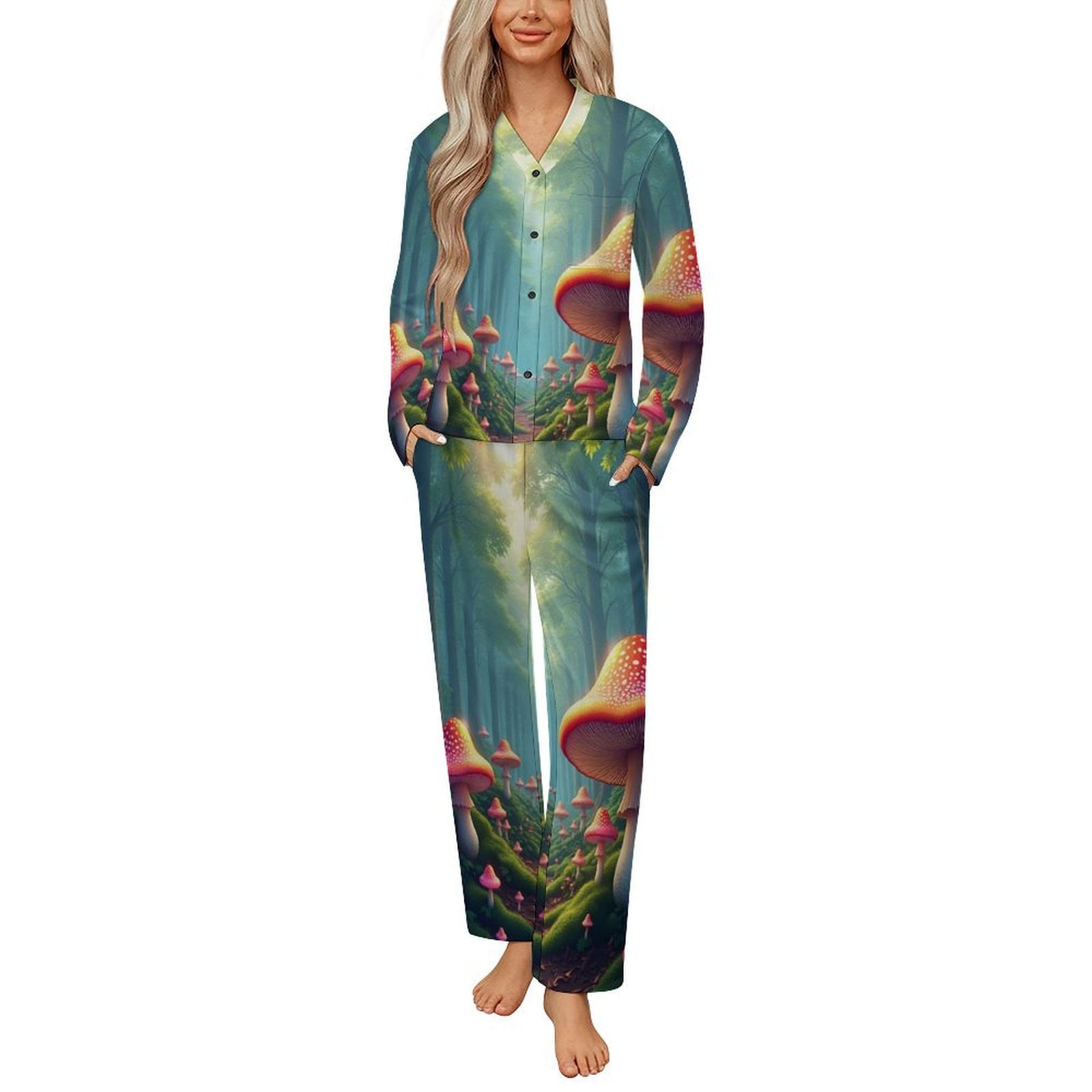 Enchanted Forest with Mushrooms Womens Pyjamas Set Button Up Pyjamas ...