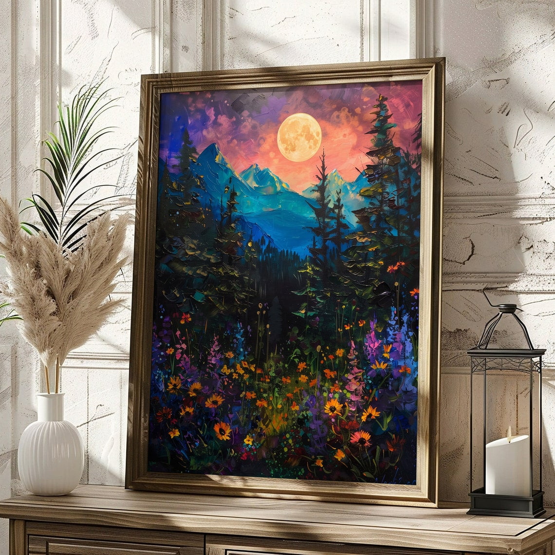 Enchanted Full Moon Wildflowers Landscape Print, Moon Above The ...