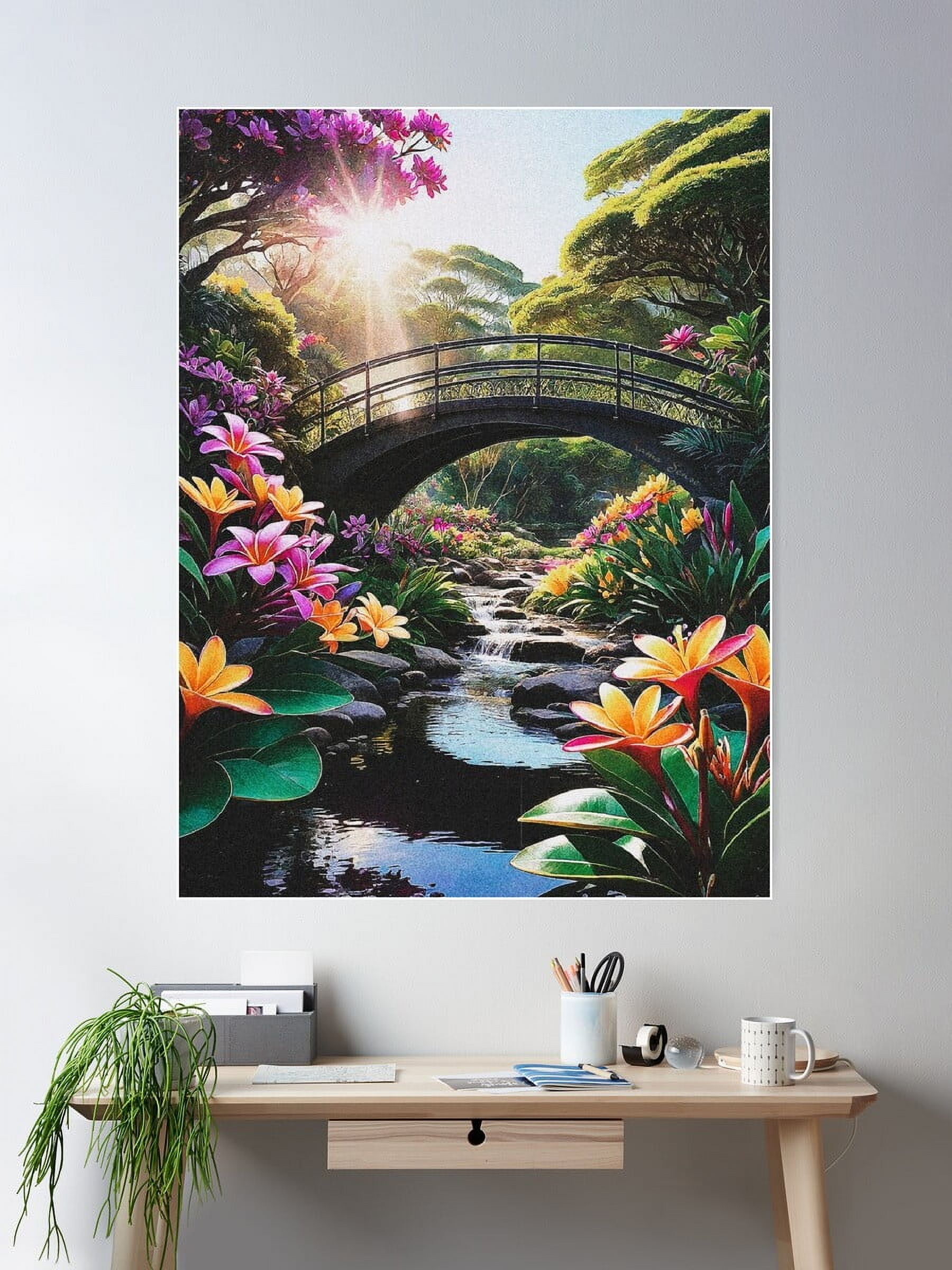 Enchanted Garden Bridge Â€“ Colorful Floral Landscape Art Poster Wall ...