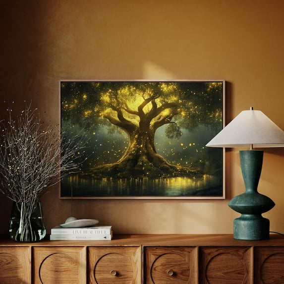 Enchanted Glowing Tree of Life Canvas Wall Art | Mystical Golden Forest ...
