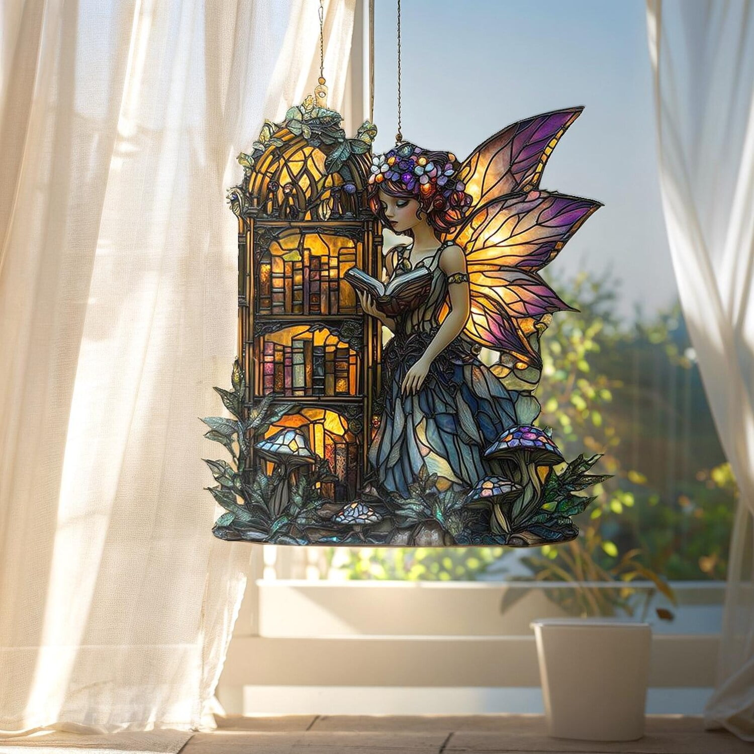 Enchanted Library Fairy Acrylic Suncatcher, Faux Stained Glass Witchy ...