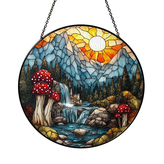 Enchanted Mushroom Castle Valley Stained Glass Style Suncatcher Window ...