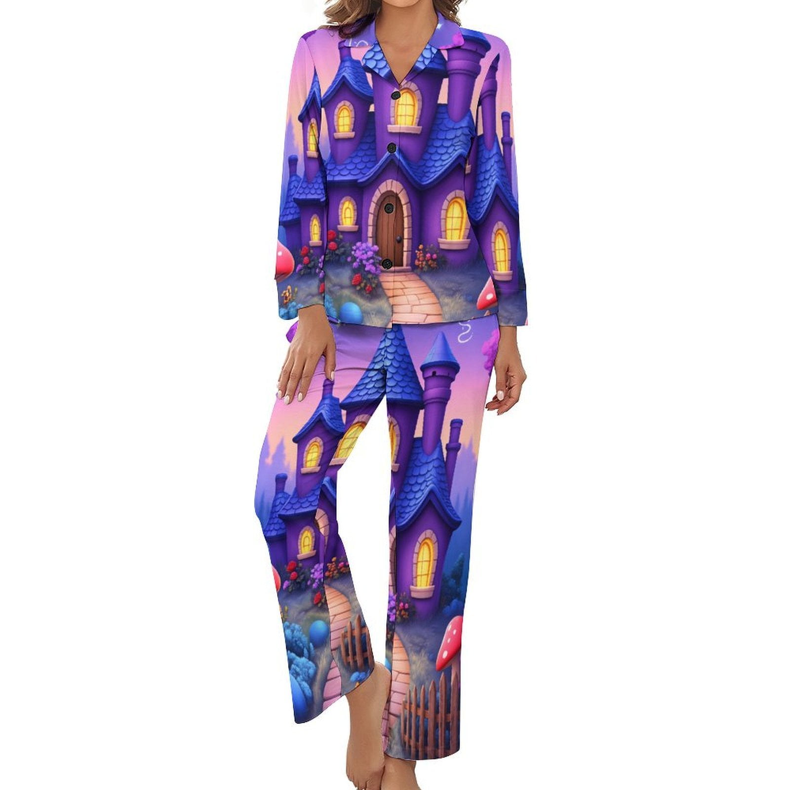 Enchanted Purple Castle Night Scene-1 Printed Pajama Set for Couples ...